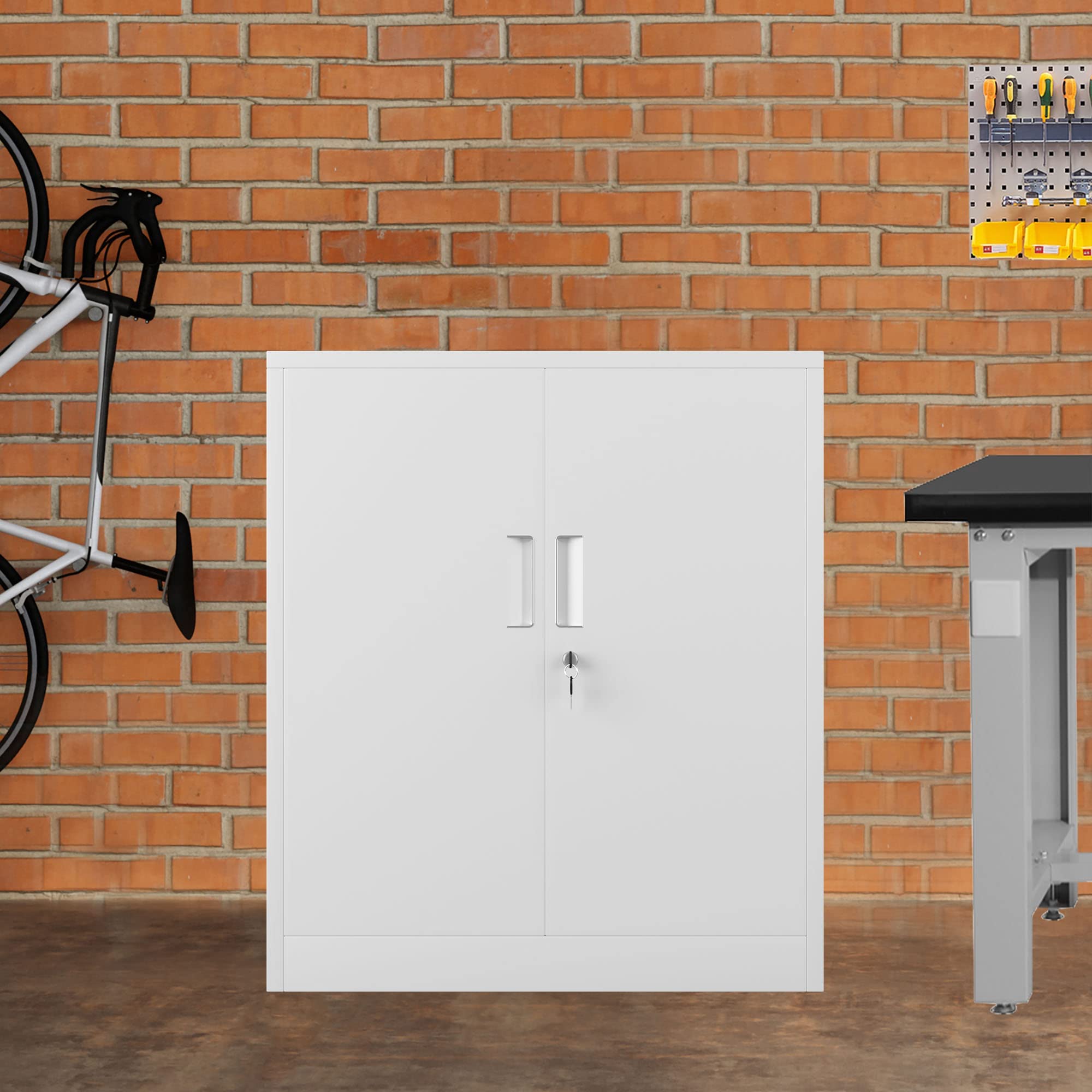 iJINGUR Metal Storage Cabinet with Locking Doors and 2 Adjustable Shelves, Small Lockable Steel Storage Cabinets for Garage Home Office Basement Pantry Classroom and Workshop (White)