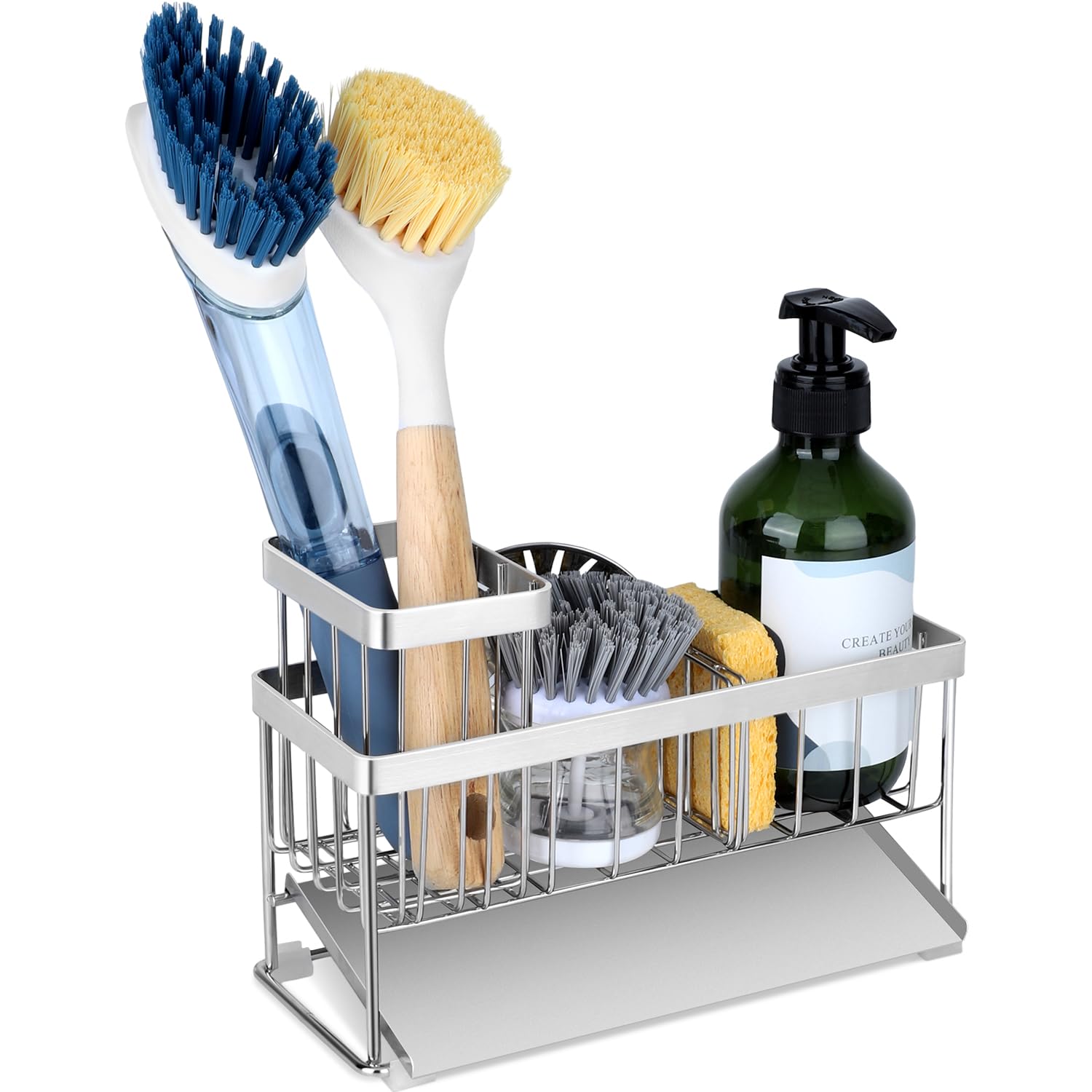 EEKEDO Kitchen Sink Caddy Organizer with Auto Drain Tray and Divider, Sponge Holder and Brush Storage for Kitchen, Rustproof Stainless Steel - Silver
