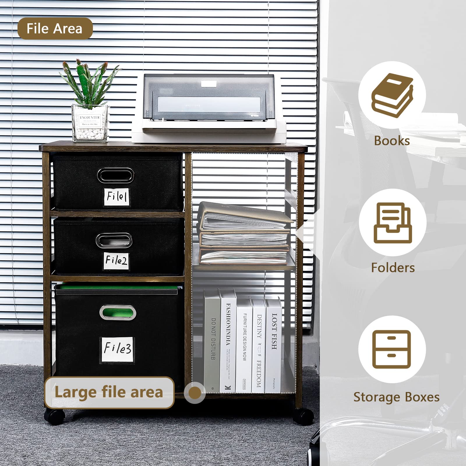 Homde 3 Drawer Bamboo File Cabinet Whit Wheel,Mobile Office Lateral File Cabinets,File Folders for Filing Cabinet,Printer Stand with Open Storage Shelf fits A4 Letter Size for Home Office,Brown