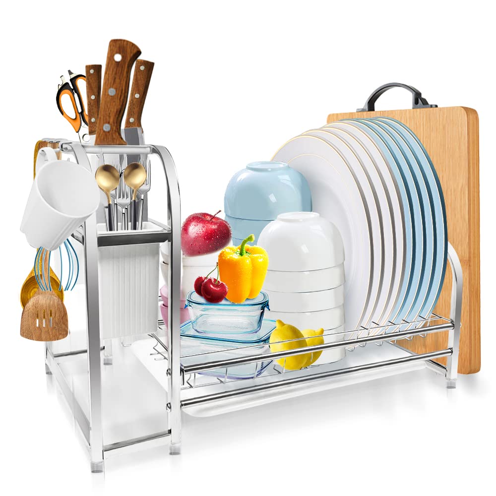 SPAKITCHCE Large Dish Rack Dry Drainer - Stainless Steel Dish Dryer Racks Metal Dish Drying Rack with Draining Drainboard Cutting Board for Kitchen Counter Saving Space
