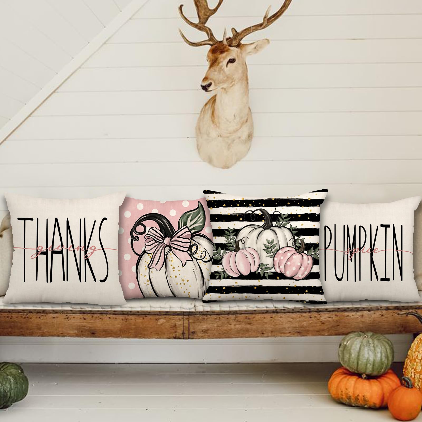 AnyDesign Fall Pillow Covers Gold Foil Pumpkin Throw Pillow Case Black Pink Autumn Decorative Cushion Cover for Harvest Farmhouse Thanksgiving Home Office Room Couch Sofa Decor, 18 x 18 Inch, 4Pcs