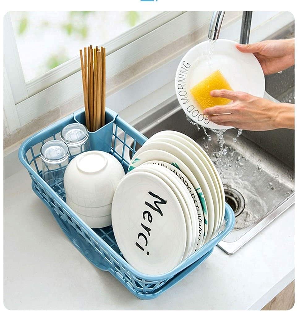 Plate Rack Draining Dish Rack Household Dish Storage Rack With Chopsticks Cage Household Detachable Dish Drain Rack Kitchen Pan Plate Holder (Color : Blue)