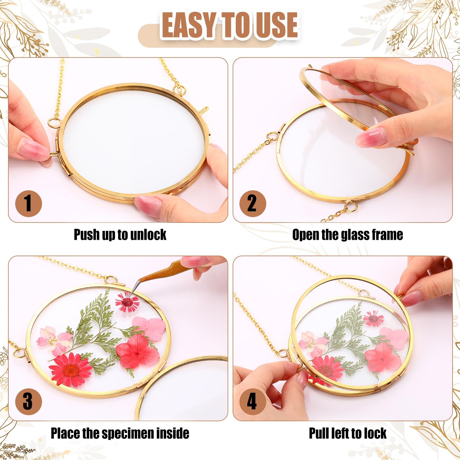 BBTO 8 Pack Round Hanging Glass Frame Small Brass Hanging Photo Frames Set Wall Mounted Gold Double Glass Display for Pressed Flowers Photos Dried Specimen DIY Artwork Display Decoration, 3.9 Inch