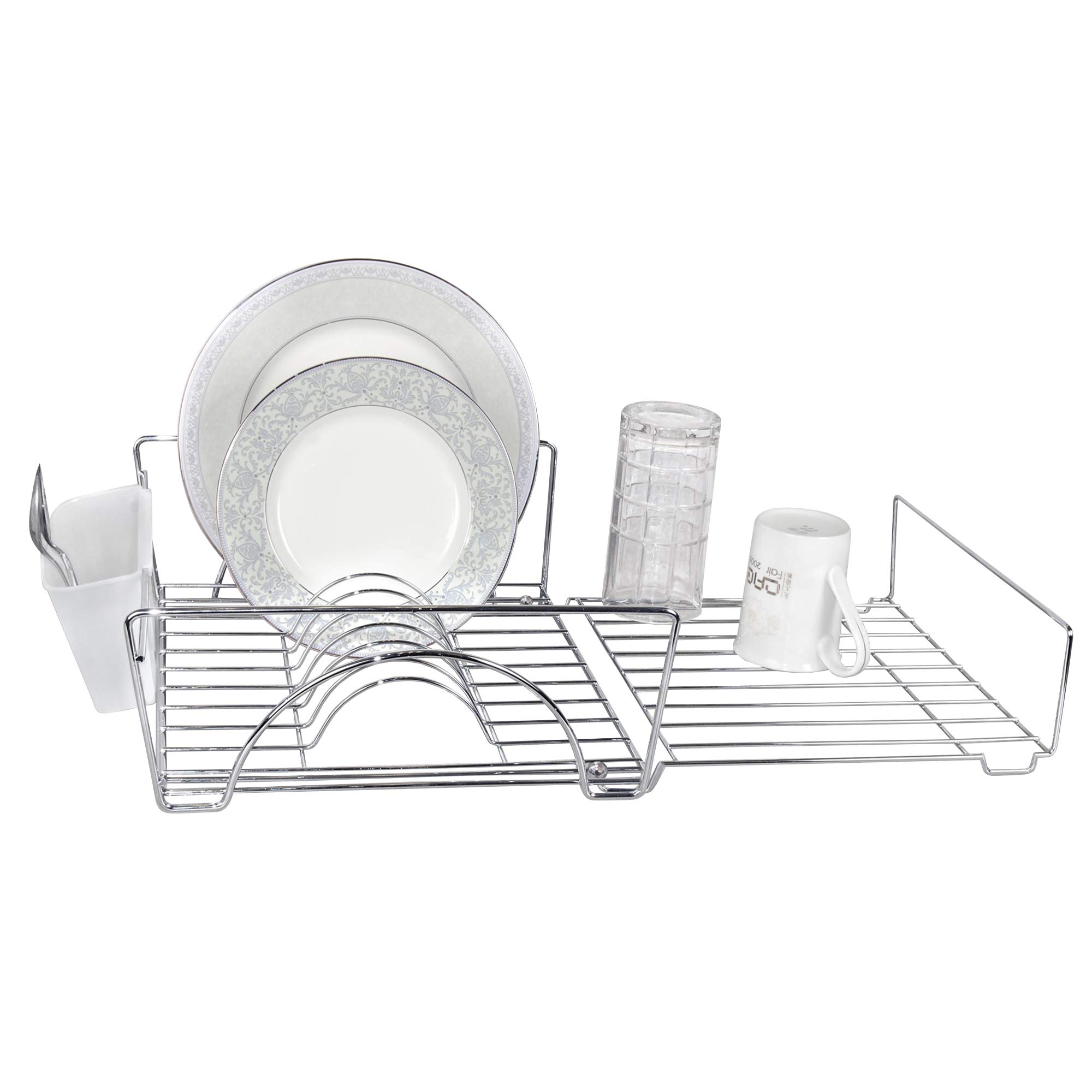 Smart Design Expandable Dish Drainer Drying Rack with Cutlery Cup - Steel Metal Wire - Fits in Standard Sinks - Dishes, Cups, Silverware Organization - Kitchen - 13.5 x 20.63 Inch Chrome
