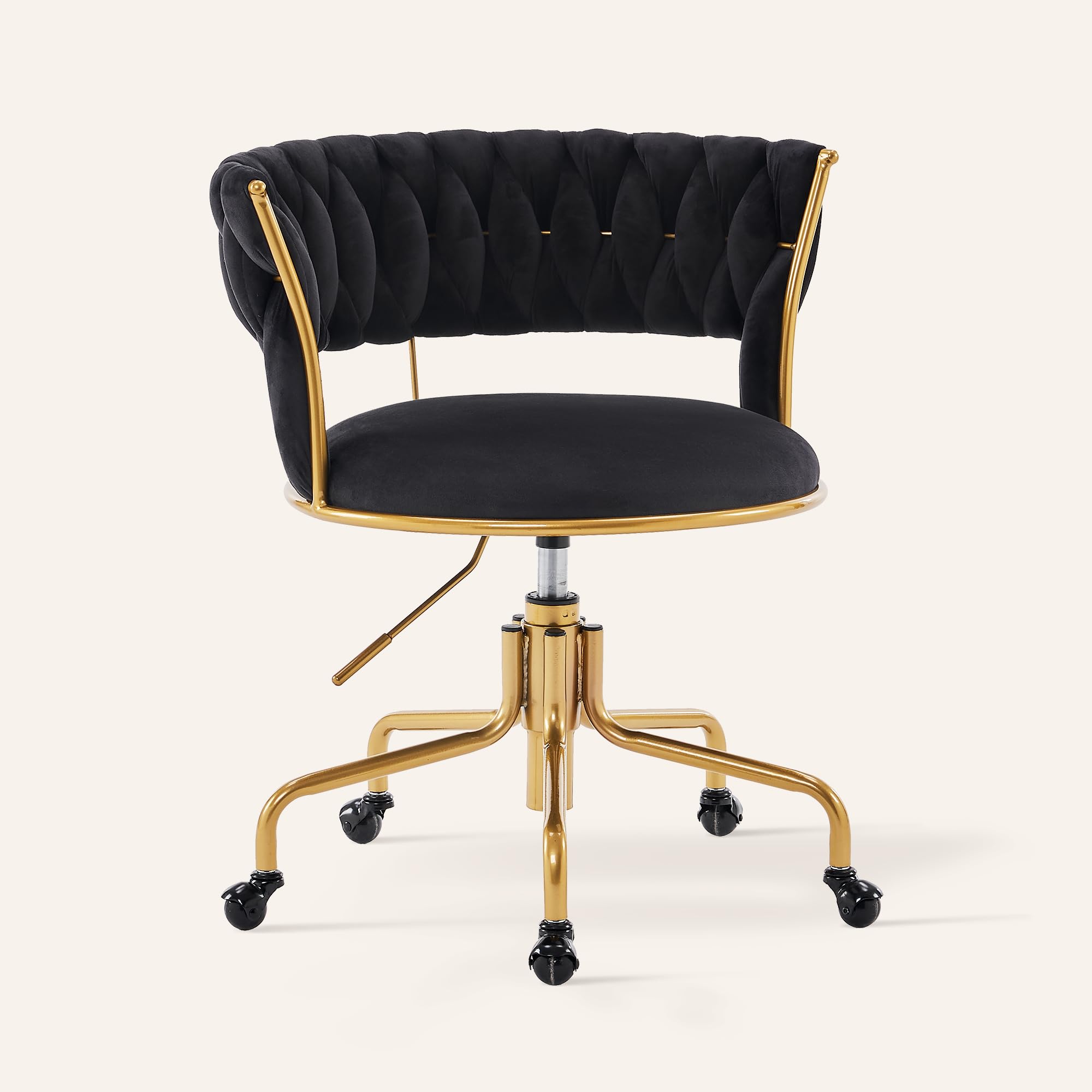 HOOLETE Velvet Desk Chair with Wheels, Modern Swivel Office Chair with Gold Base, Woven Accent Chair for Girls and Women, Vanity Chair with Back for Makeup, Black