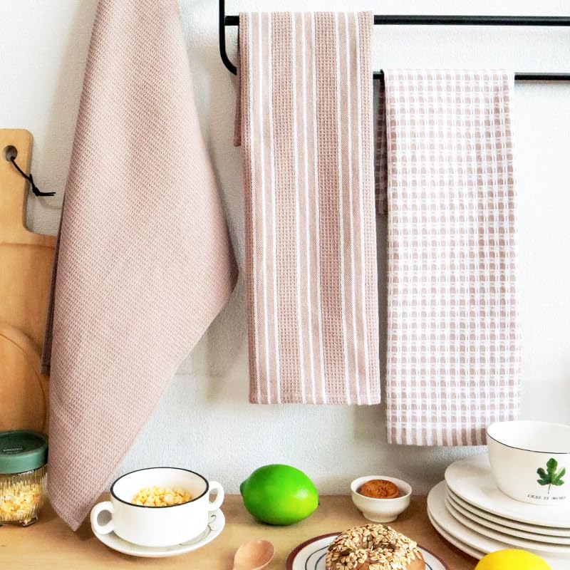 Mia'sDream Cotton Waffle Weave Kitchen Towels | Soft & Absorbent Dish Towels Tea Towel | Quick Drying Hand Towels for Kitchen | 13" x 28" 3 Pack (Brown Set)