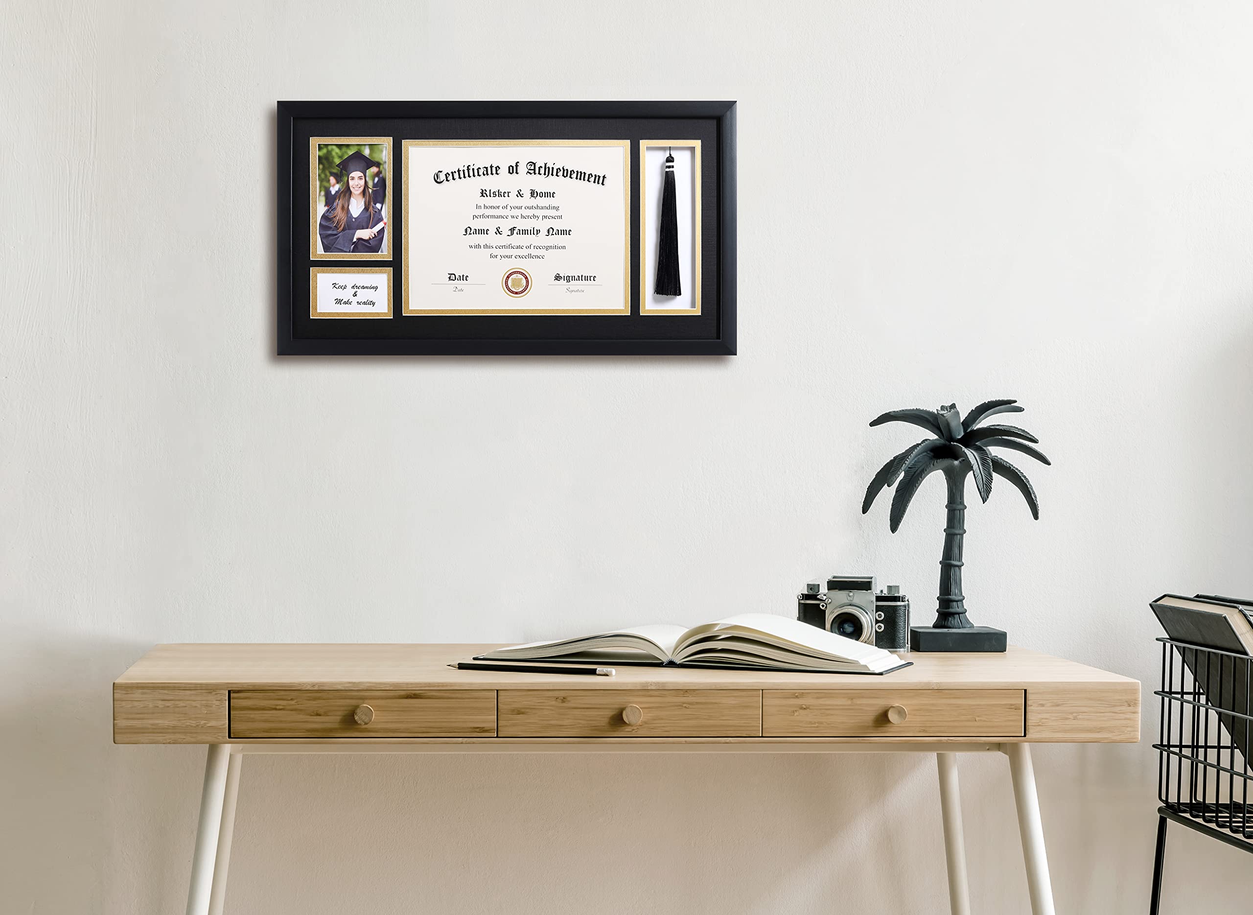 ELSKER&HOME 11x22 Diploma Frames with Tassel Holder for 8.5x11 Certificate Document Shadow Box, 4x6 Graduation Photo, Matte Black Frame, Degree Double Mat, Black with Gold Rim