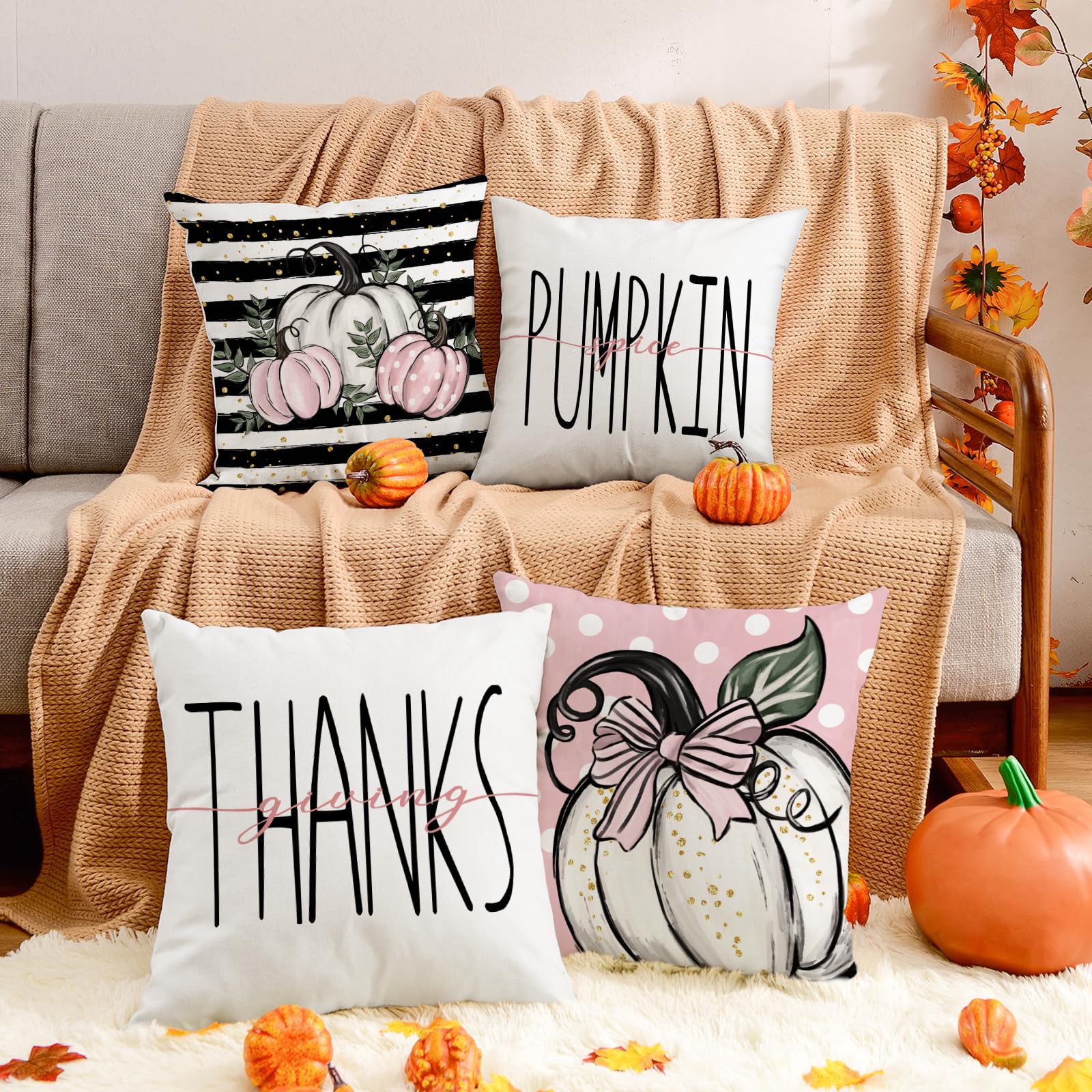 AnyDesign Fall Pillow Covers Gold Foil Pumpkin Throw Pillow Case Black Pink Autumn Decorative Cushion Cover for Harvest Farmhouse Thanksgiving Home Office Room Couch Sofa Decor, 18 x 18 Inch, 4Pcs