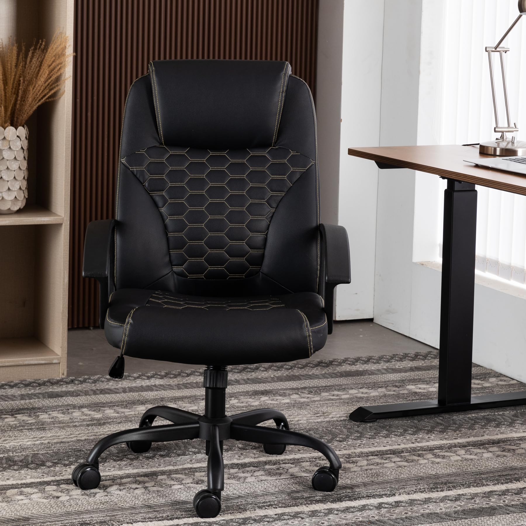 Office Chair Executive Office Desk Chair High Back Adjustable Ergonomic Managerial Rolling Swivel Task Chair Computer PU Leather Home Office Desk Chairs with Lumbar Support (Black,Gold Stitching)