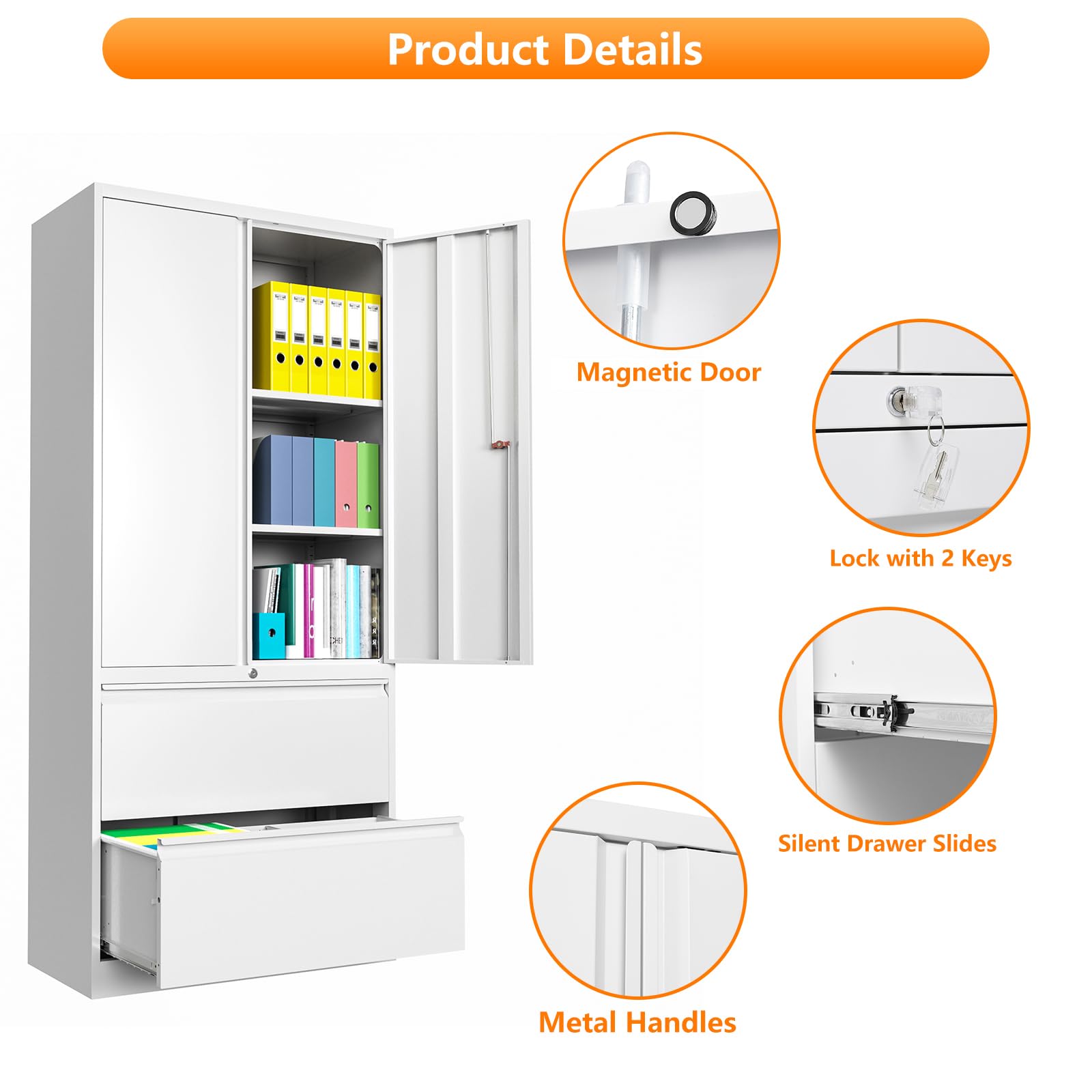 LISSIMO File Cabinet with Lock,Metal Filing Cabinets with Adjustable Shelves and 2 Drawers for Home Office,School Locker Office Storage Cabinet for Letter/Legal/A4 Size Files(White)