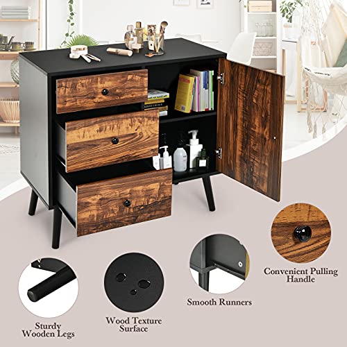 Tangkula Retro Storage Cabinet, Wood Floor Cabinet with 3 Drawers and 1 Cabinet w/Adjustable Shelf, Accent Cabinet for Living Room Entryway Home Office, Rustic Brown (Retro)