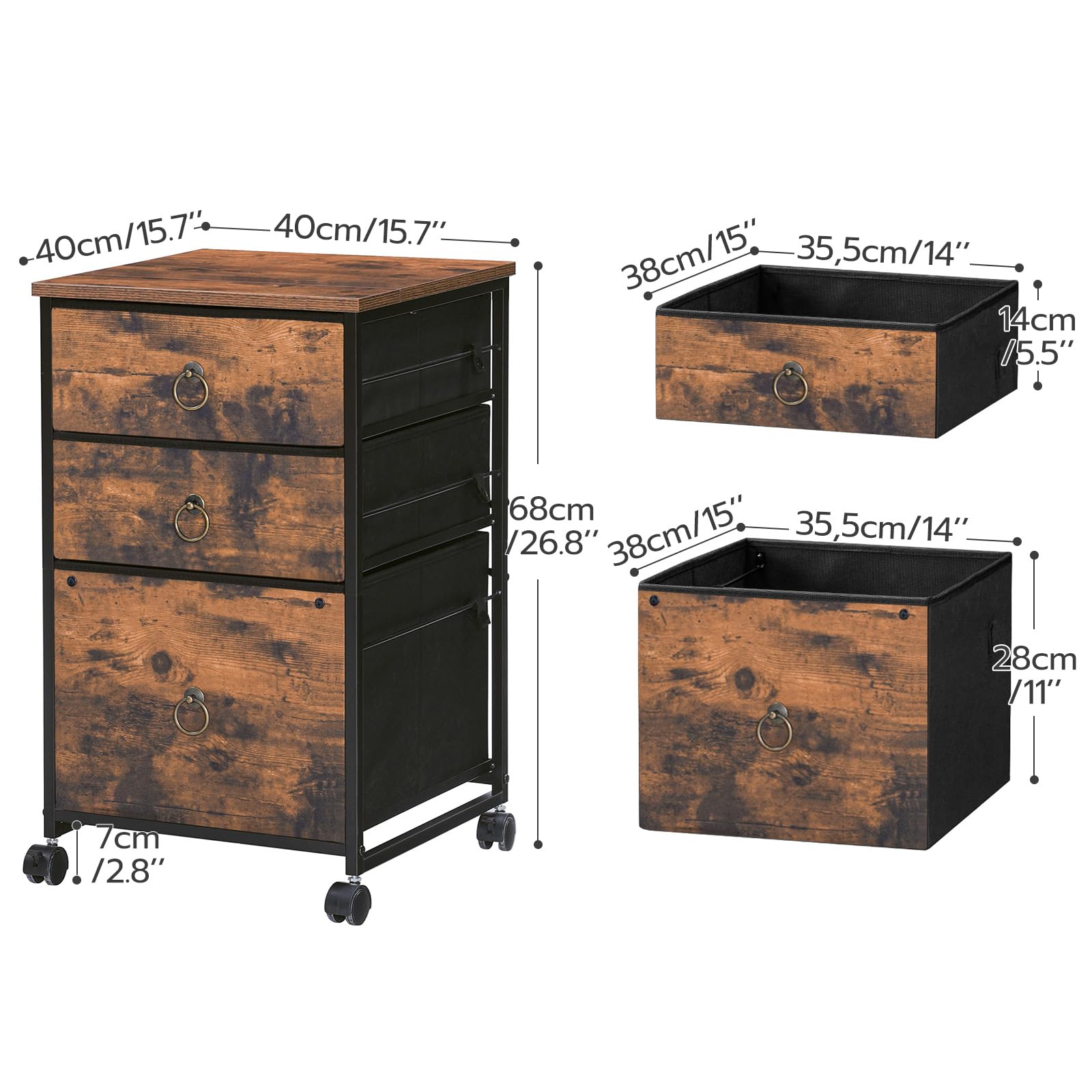 HOOBRO 3-Drawer Mobile File Cabinet, Vertical Filing Cabinet, Under Desk Cart with Drawers for Home Office, Rolling Printer Stand, A4/Letter-Sized, Fabric Drawer, Rustic Brown BF30WJ01