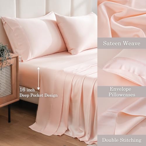 Bedlifes Queen Size Sheet Set Cooling Sheets Rayon Derived from Bamboo-400TC Breathable Luxury Bed Sheets,Sateen Silky Bedding Sheets-16 Deep Pocket Ultra Soft 4 Pieces(Rose Pink,Queen)