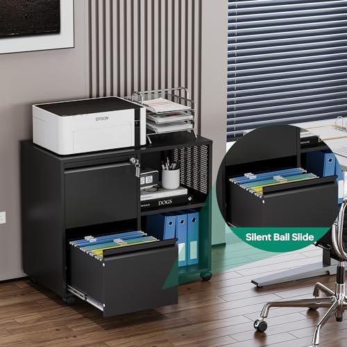 Letaya Mobile File Cabinet, Metal Lateral Rolling Printer Stand Filing Cabinets with Shelves for Home Office-Storage A4/F4/Letter (Black)
