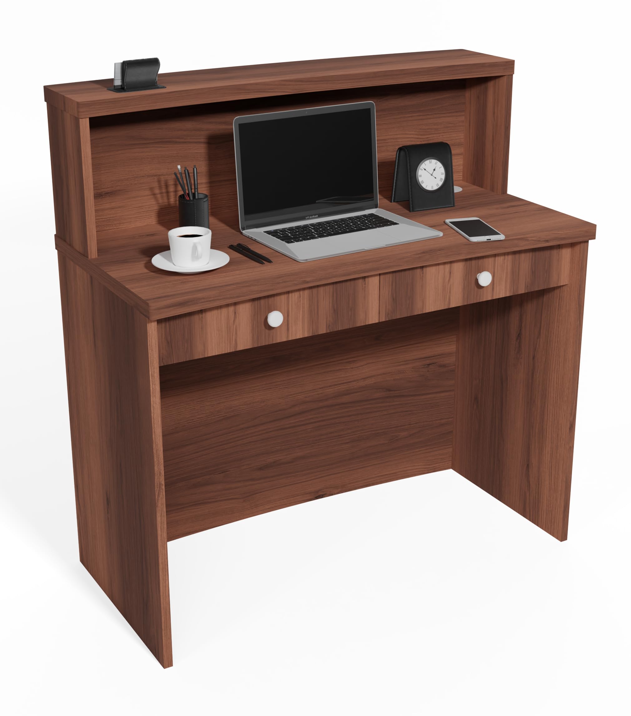 UGOS Mono Walnut Modern Reception Desk w/Transaction Counter | Laminate Desktop | Multifunctional Standing Front Desk for Home, Office, Salon, Spas, and Lobby (40 inch (100 cm))