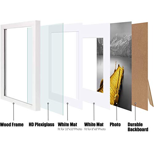12x12 Picture Frames White Solid Wood Display Pictures 10x10 or 8x8 with Mat or 12x12 without Mat - 12x12 Inch Square Photo Frames with 2 Mats for Wall or Tabletop Mount, 1 Pack