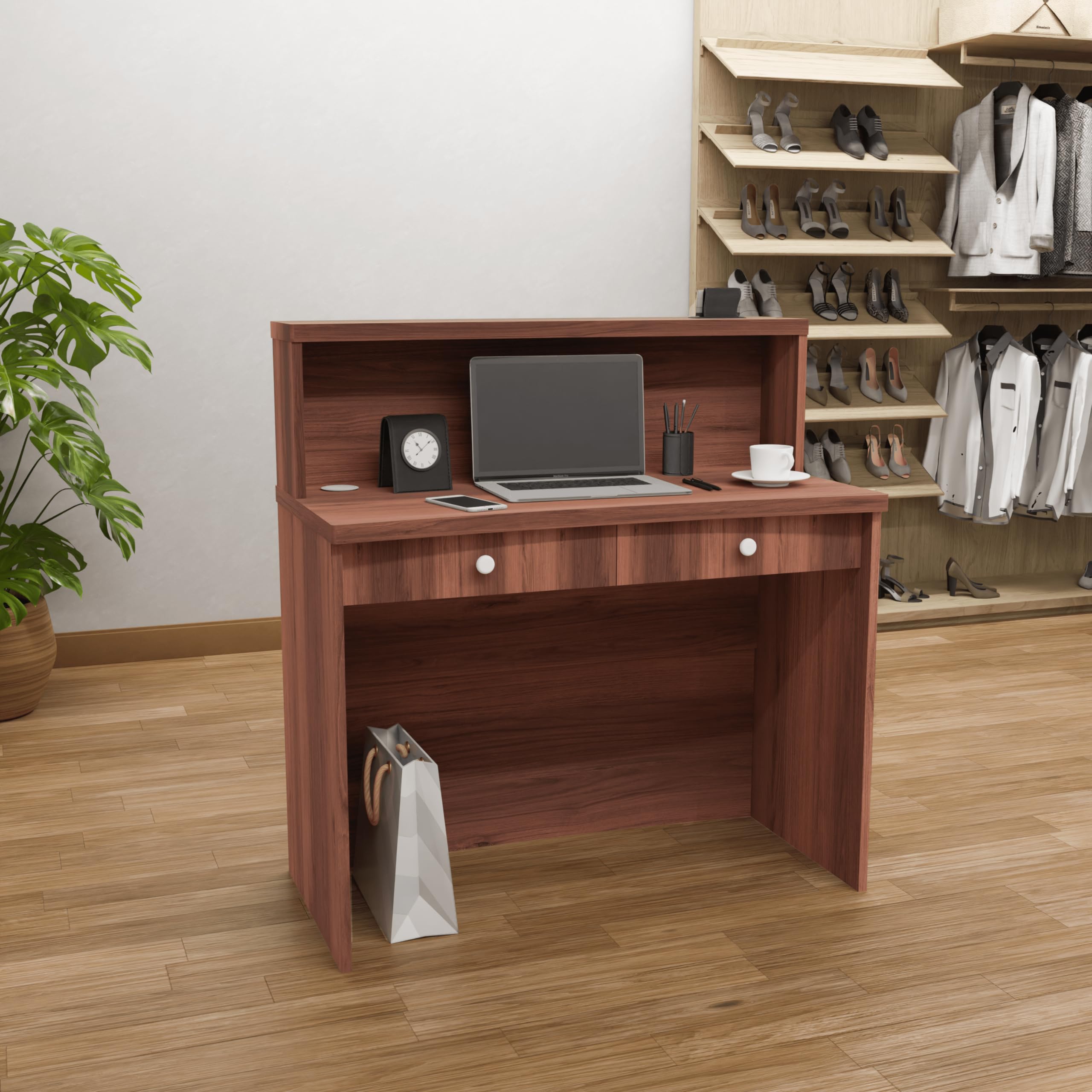 UGOS Mono Walnut Modern Reception Desk w/Transaction Counter | Laminate Desktop | Multifunctional Standing Front Desk for Home, Office, Salon, Spas, and Lobby (40 inch (100 cm))