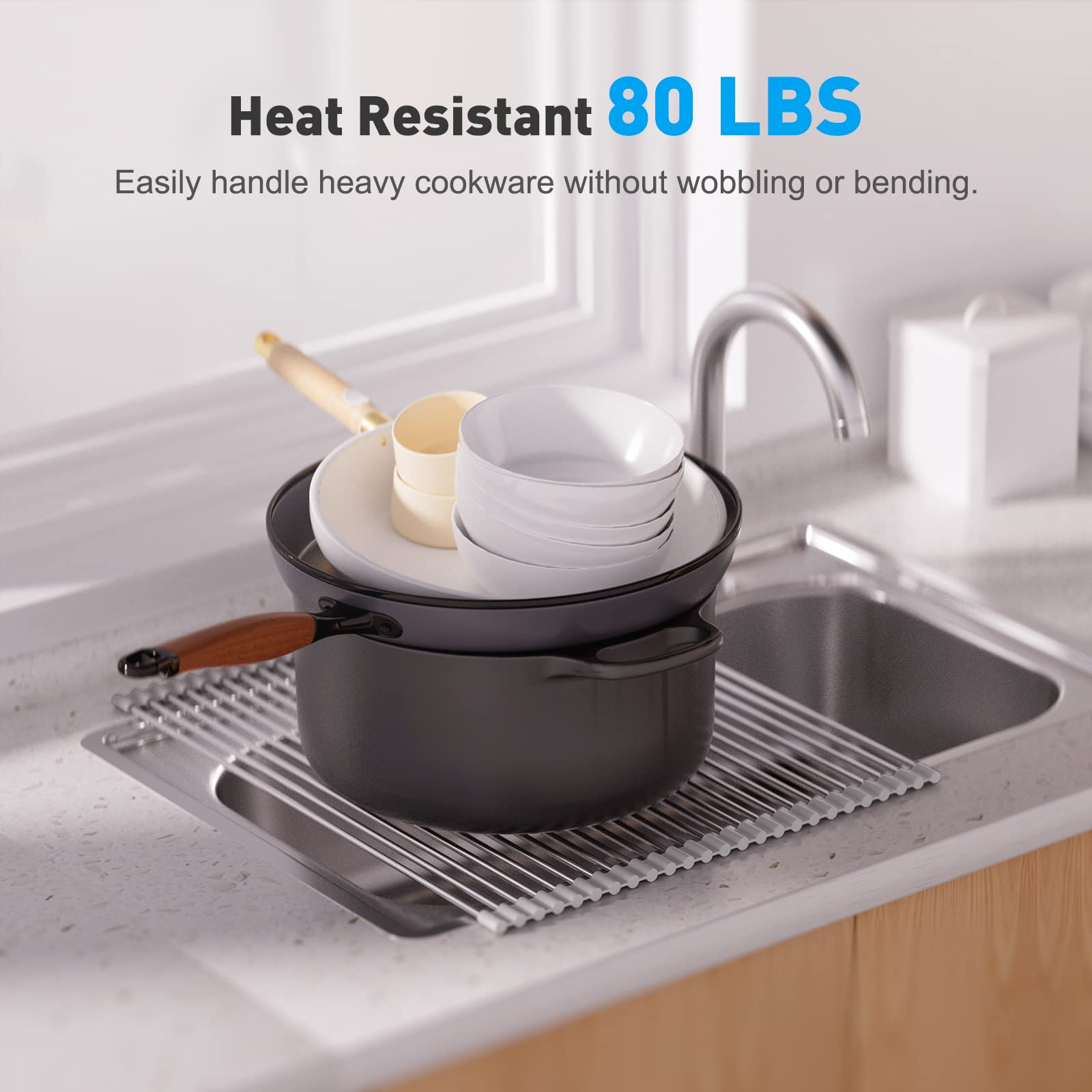 EMBATHER Roll Up Dish Drying Rack Over The Sink, Dish Drying Rack for Kitchen Counter, Multipurpose Stainless Steel Foldable Kitchen Drainer Rack with Silicone Mat, Anti-Slip, (Grey, 20.5"x15")