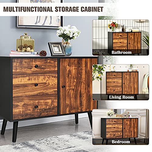 Tangkula Retro Storage Cabinet, Wood Floor Cabinet with 3 Drawers and 1 Cabinet w/Adjustable Shelf, Accent Cabinet for Living Room Entryway Home Office, Rustic Brown (Retro)