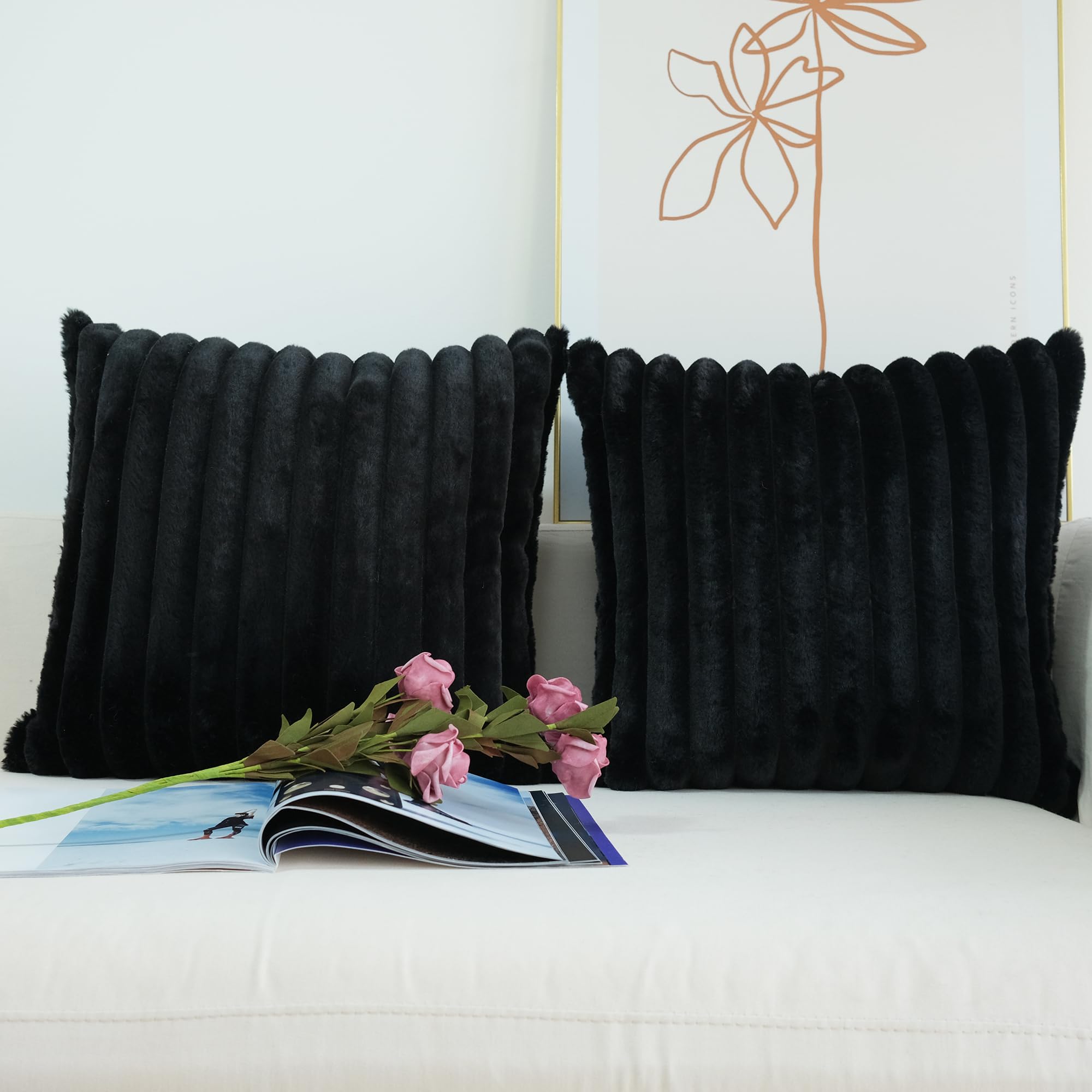 JOJUSIS Pack of 2 Faux Fur Plush Decorative Throw Pillow Covers Couch Cushion Case Soft Pillowcases (Black, 16 x 16-Inch)