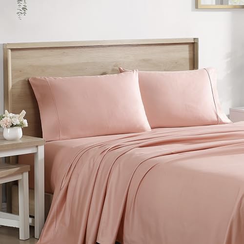 Brielle Home 400 Thread Count Sheets Solid 100% Cotton Cooling Hotel Quality with Deep Pockets Sateen Sheet Set 4 Pieces, King, Rose