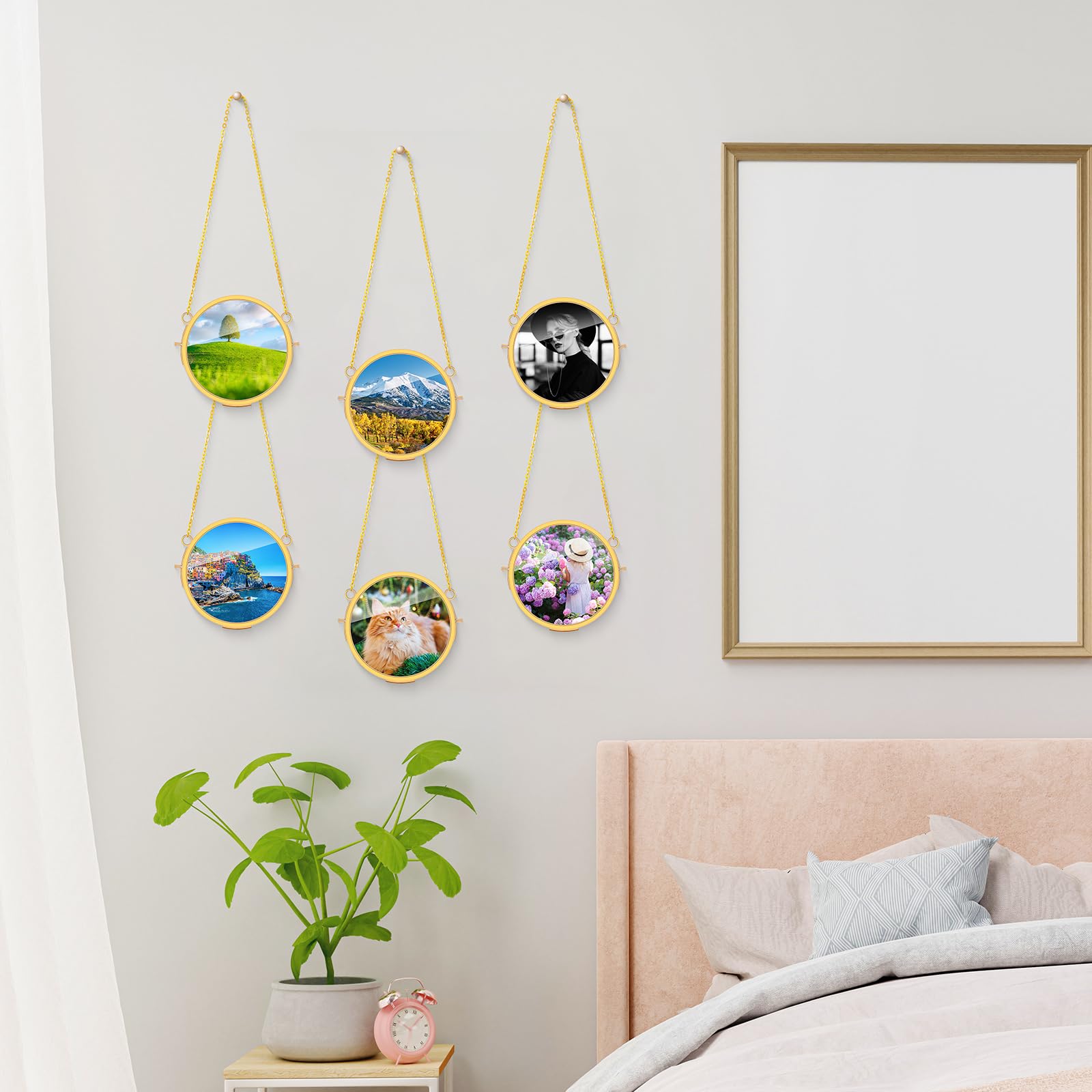 BBTO 8 Pack Round Hanging Glass Frame Small Brass Hanging Photo Frames Set Wall Mounted Gold Double Glass Display for Pressed Flowers Photos Dried Specimen DIY Artwork Display Decoration, 3.9 Inch
