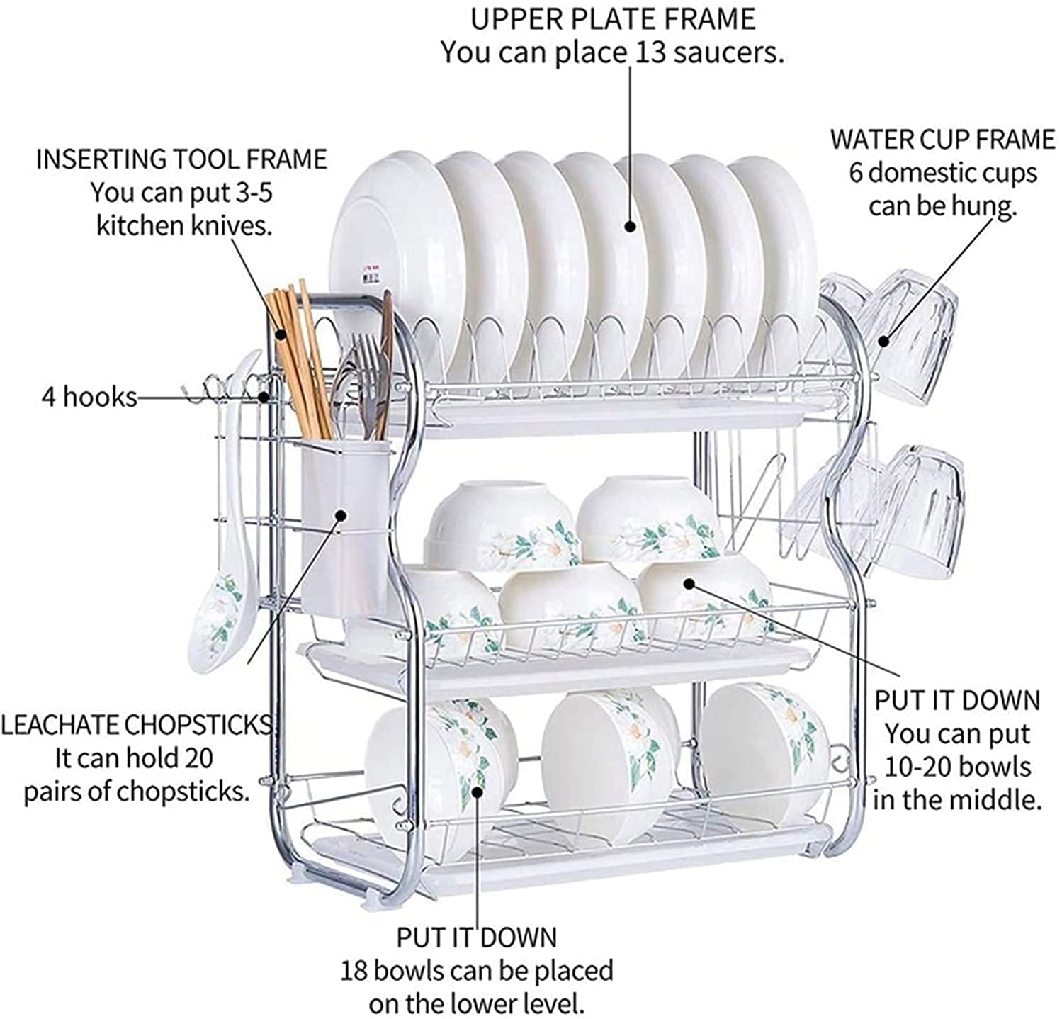 Plate Rack Draining Dish Rack 3 Tier Dish Drainer Rack Holder Dish Drying Rack Plate Dish Cup Cutlery Drainer Rack Plates Holder Pan Plate Holder