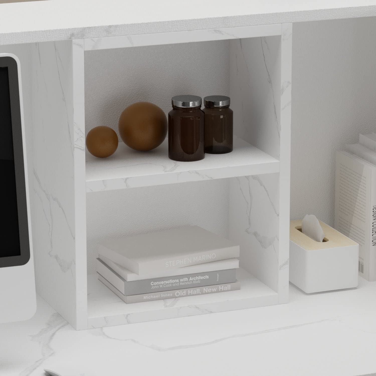 Reception Desk L-Shaped Counter with Drawers Marble Texture White Modern Contemporary Scandinavian L-Shape MDF Matte Keyboard Tray Shelves