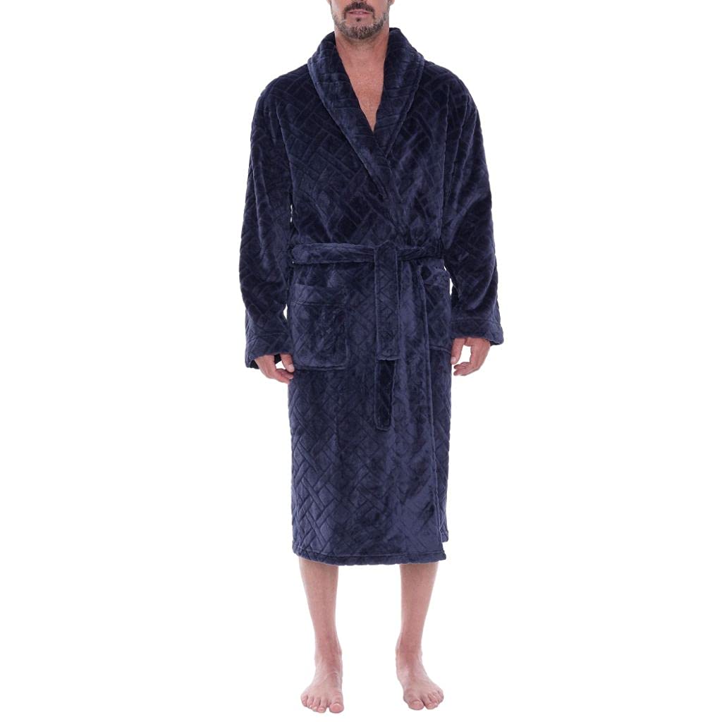 Majestic International Crossroads 48" Jacquard Plush Bathrobe Luxury Spa Lounge Robe, Navy (Plush), Small/Medium