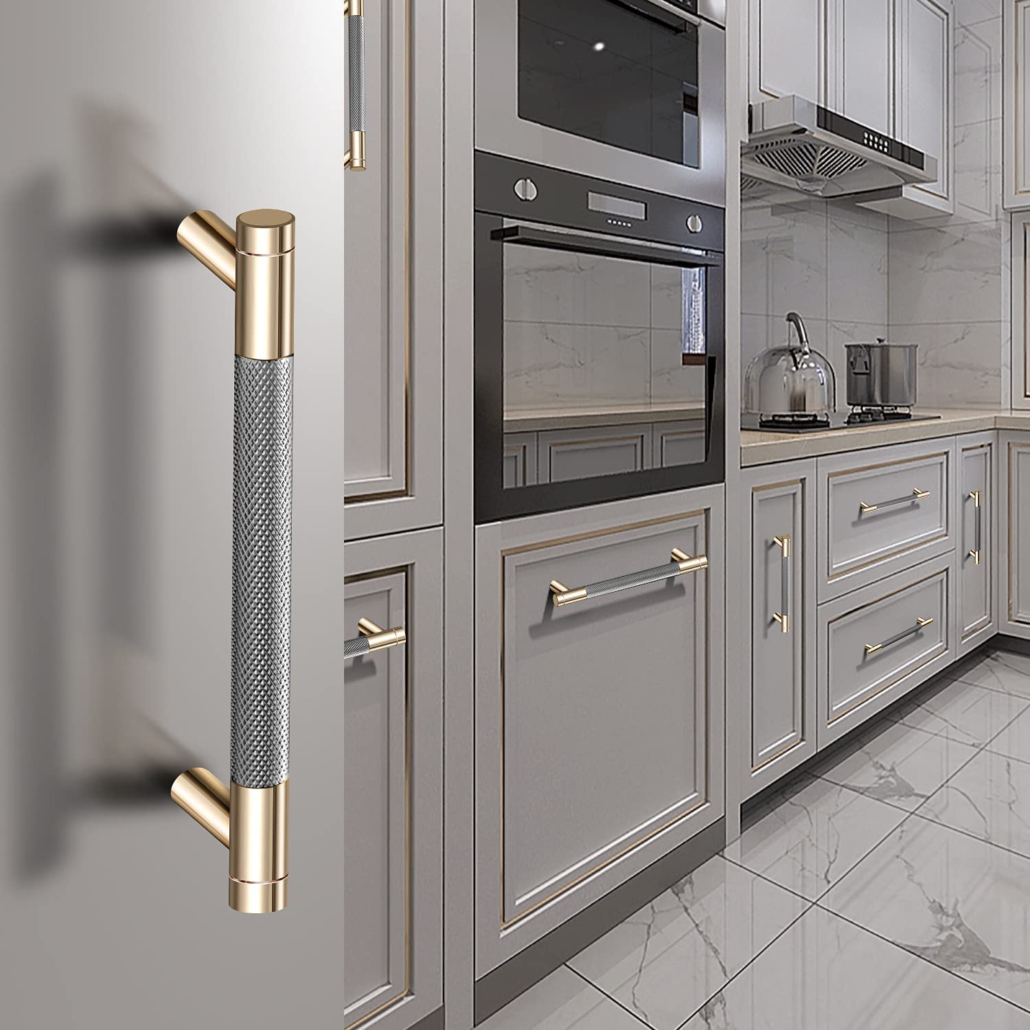 Ntresbonne 12 Pack 5 Inch 128 mm Barrel Cabinet Pulls Gold and Grey Cupboard Aluminum Handles Drawer Pull Cabinet handles