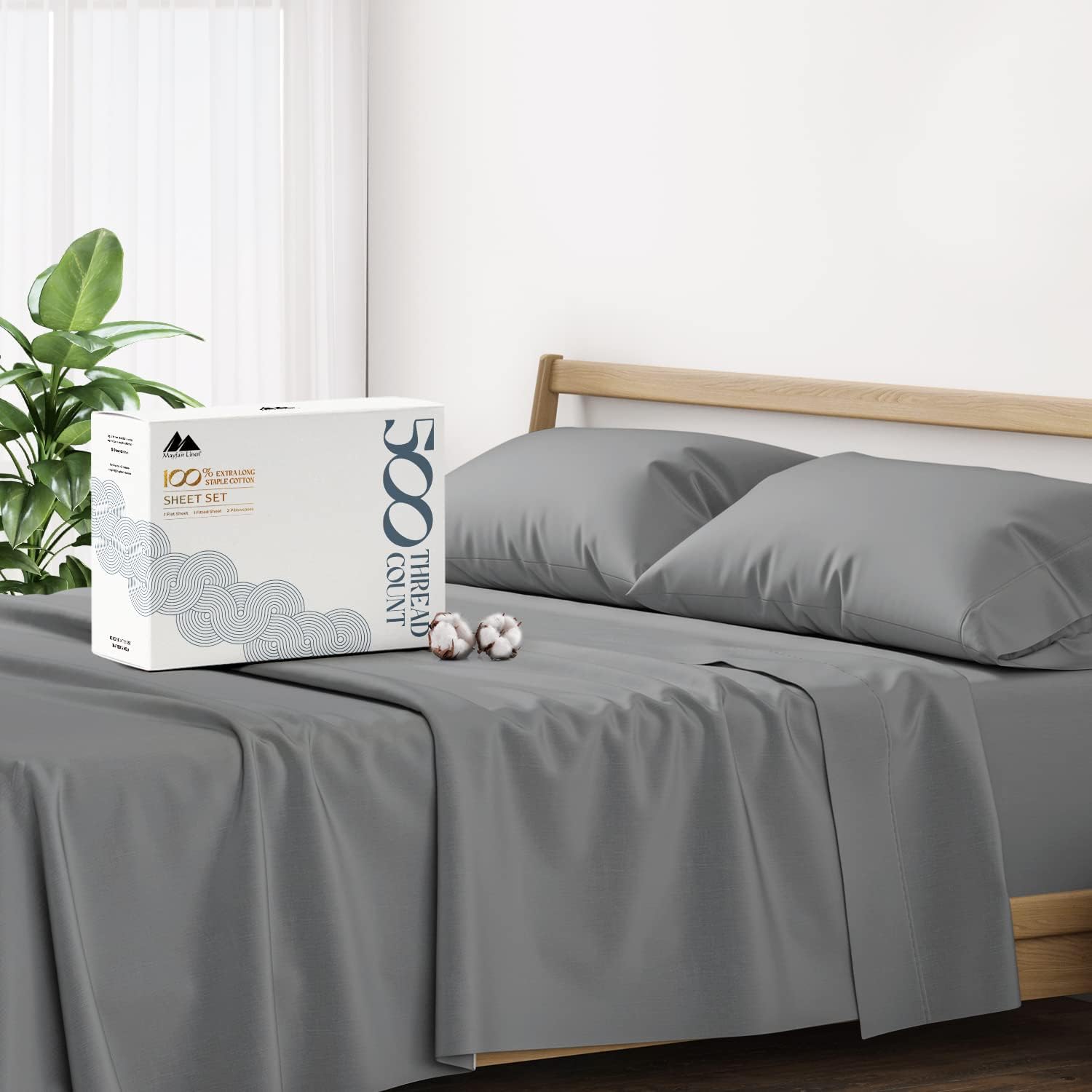 Mayfair Linen 100% Cotton Bed Sheets Queen Sheet Set - 500 Thread Count Sheets Queen Size 4 PC Set (Dark Grey), Soft, Cooling, Hotel-Quality 16" Deep Pocket Sateen Cotton Bedsheet for Hot Sleepers
