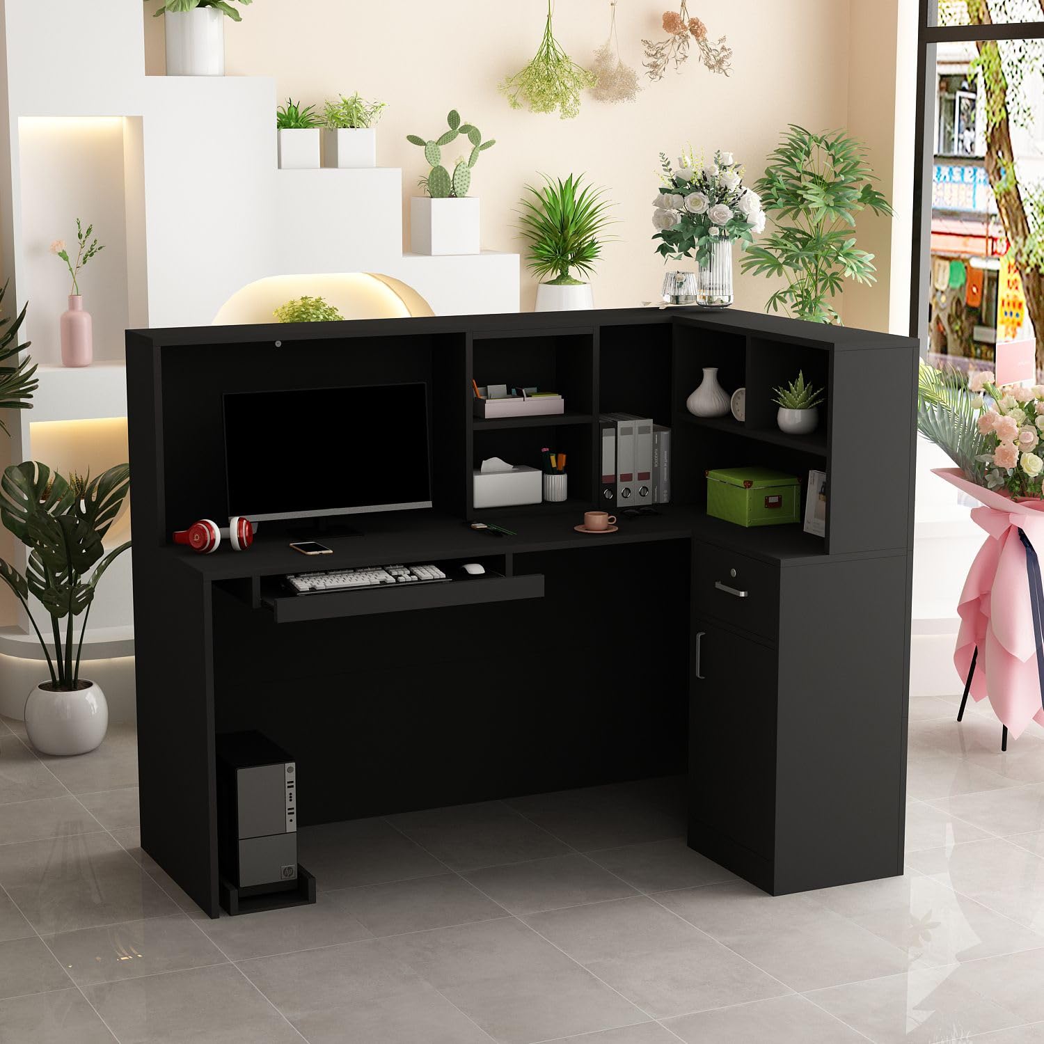 DiDuGo Reception Desk Front Desk Reception Counter, L Shaped Reception Room Table with Storage, Keyboard & Shelves and Drawer, for Salon Office Black (55.9”W x 32.3”D x 48.4”H)