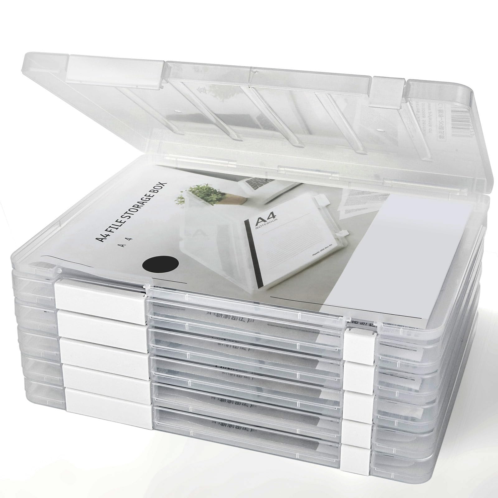 Acrux7 6 Pack Plastic File Storage Cases, Thin Transparent File Box, Portable Project Case, Scrapbook Paper Storage Organizer Clear File Box for Photos, Art, Craft, Office Supplies (12x9x0.8 Inch)