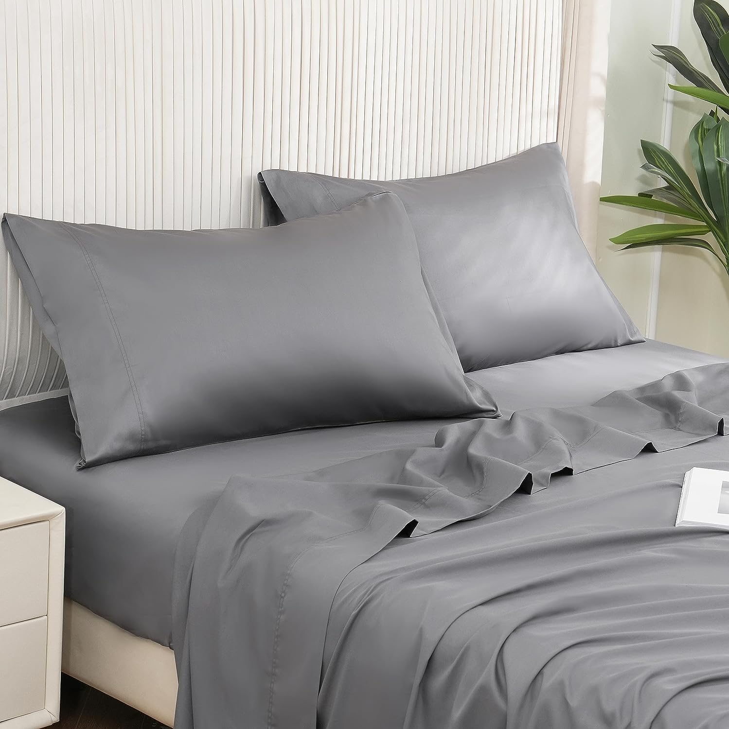 DOWNCOOL King Size Sheets Set - 100% Cotton Sheets, King Sheets Deep Pocket Up to 16", 400 Thread Count Sateen Bed Sheets King Size, Soft Breathable & Cooling Sheets, 4-Piece King Sheet Set, Grey
