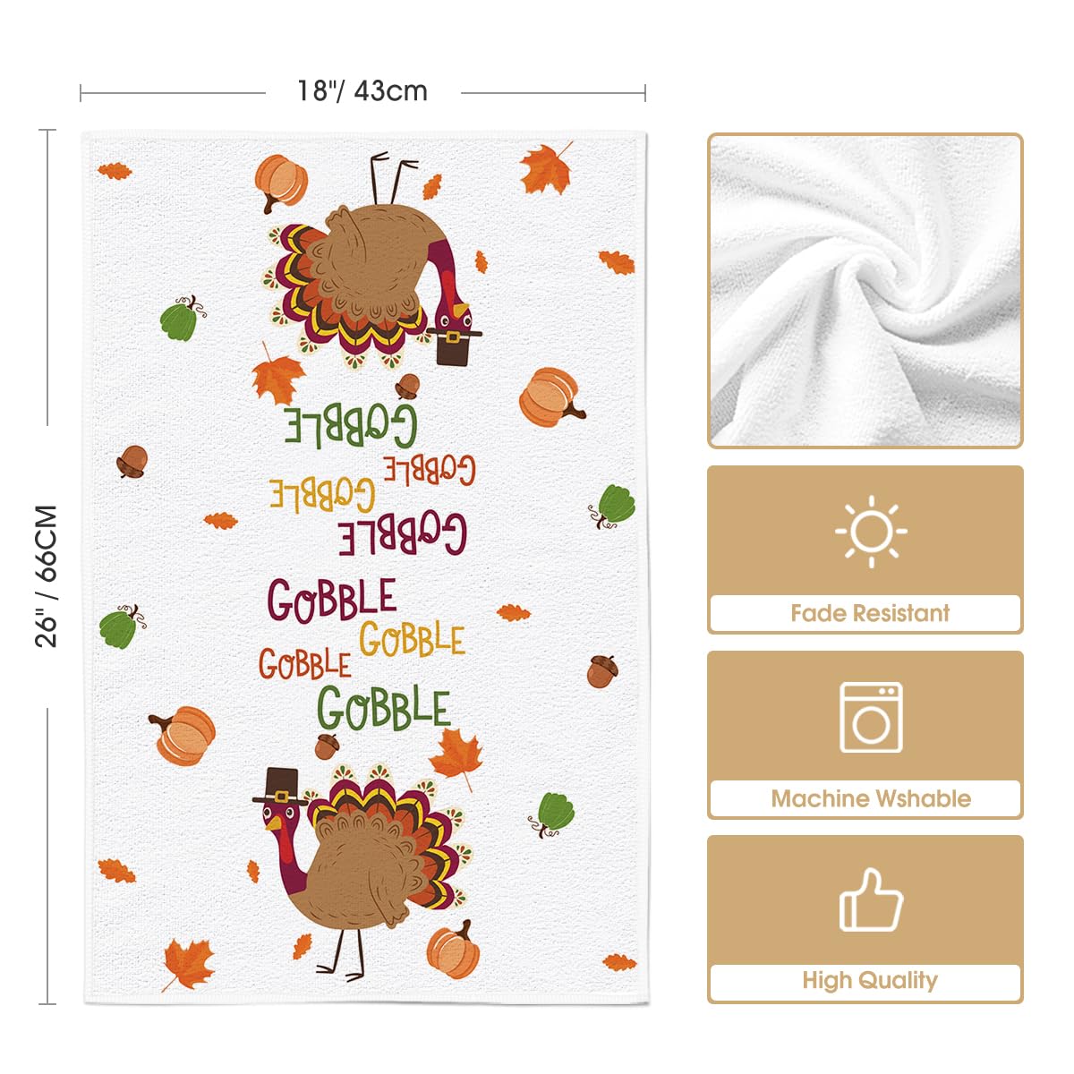 Artoid Mode Turkey Gobble Thanksgiving Kitchen Towels Dish Towels, 18x26 Inch Pumpkin Happy Harvest Decoration Hand Towels Set of 4