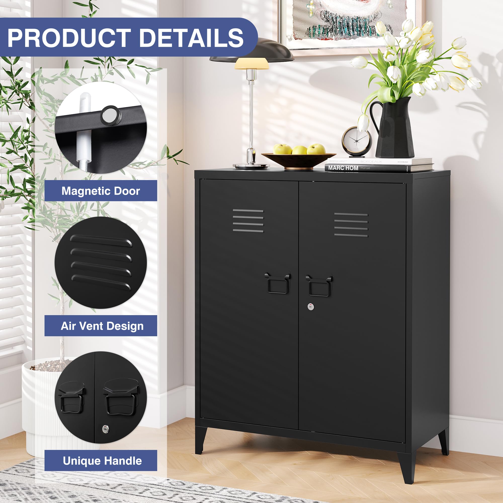 LISSIMO Metal Storage Cabinet,Home Office Cabinet with Doors and Adjustable Shelves,Locking Cabinet with Adjustabl Leg Levelers Assembly Required(Black)