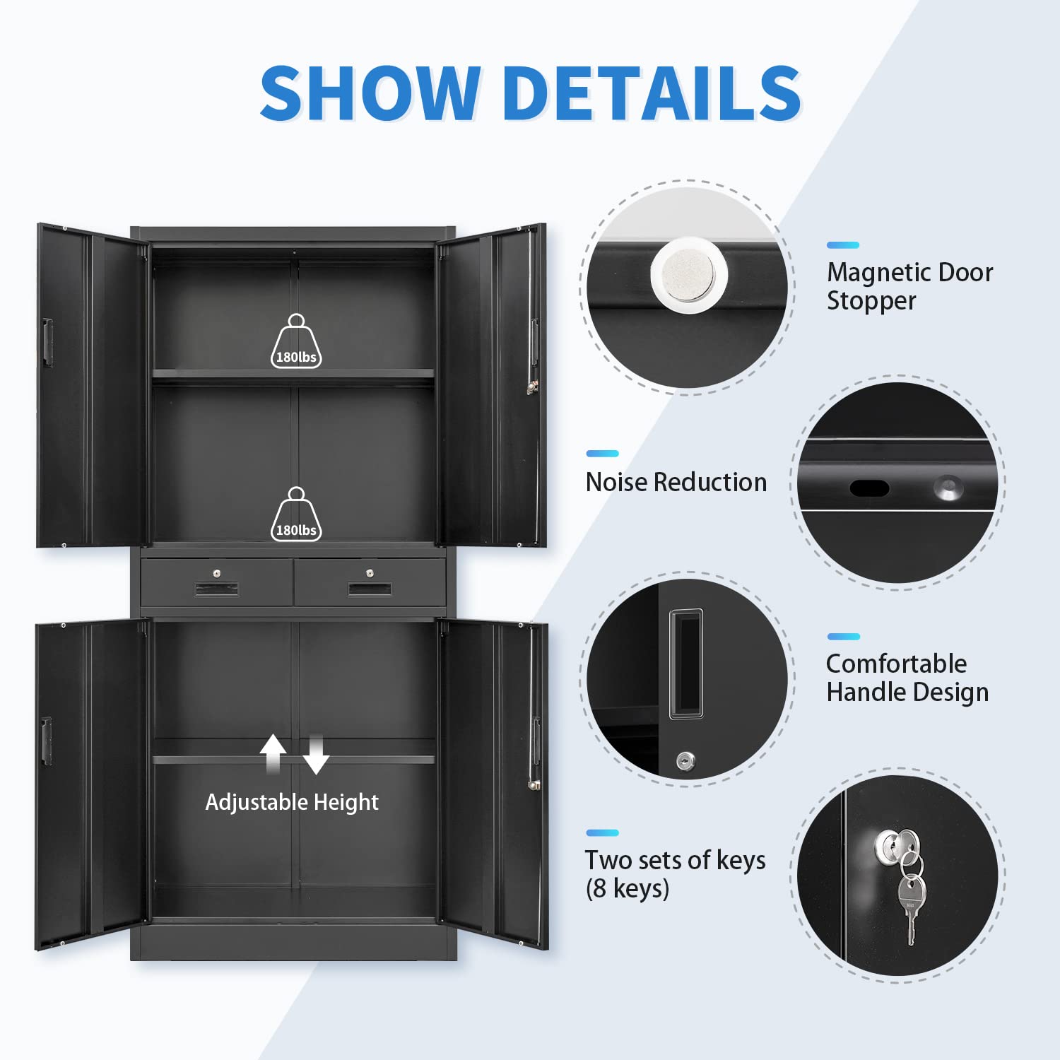 YEEZER Metal File Storage Cabinet, with 2 Lockable Drawers, 71 "H Lockable Steel Filing Cabinet with Adjustable Shelf, Suitable for Offices, Garages, Warehouses, School, Homes and Kitchens