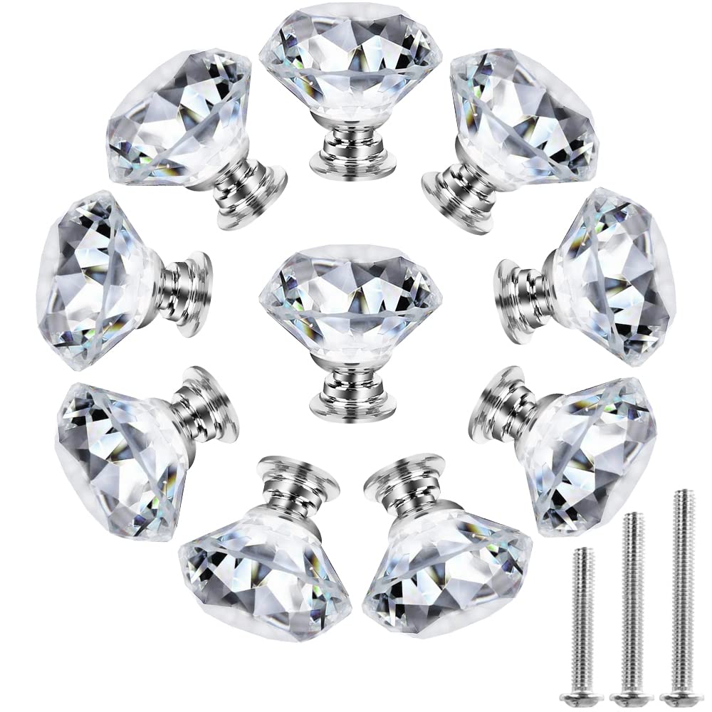 NORTHERN BROTHERS Cabinet Knobs - Crystal Dresser Knobs for Cabinets and Drawers 30mm- Diamond Glass Pulls Handles 10 Pack Silver