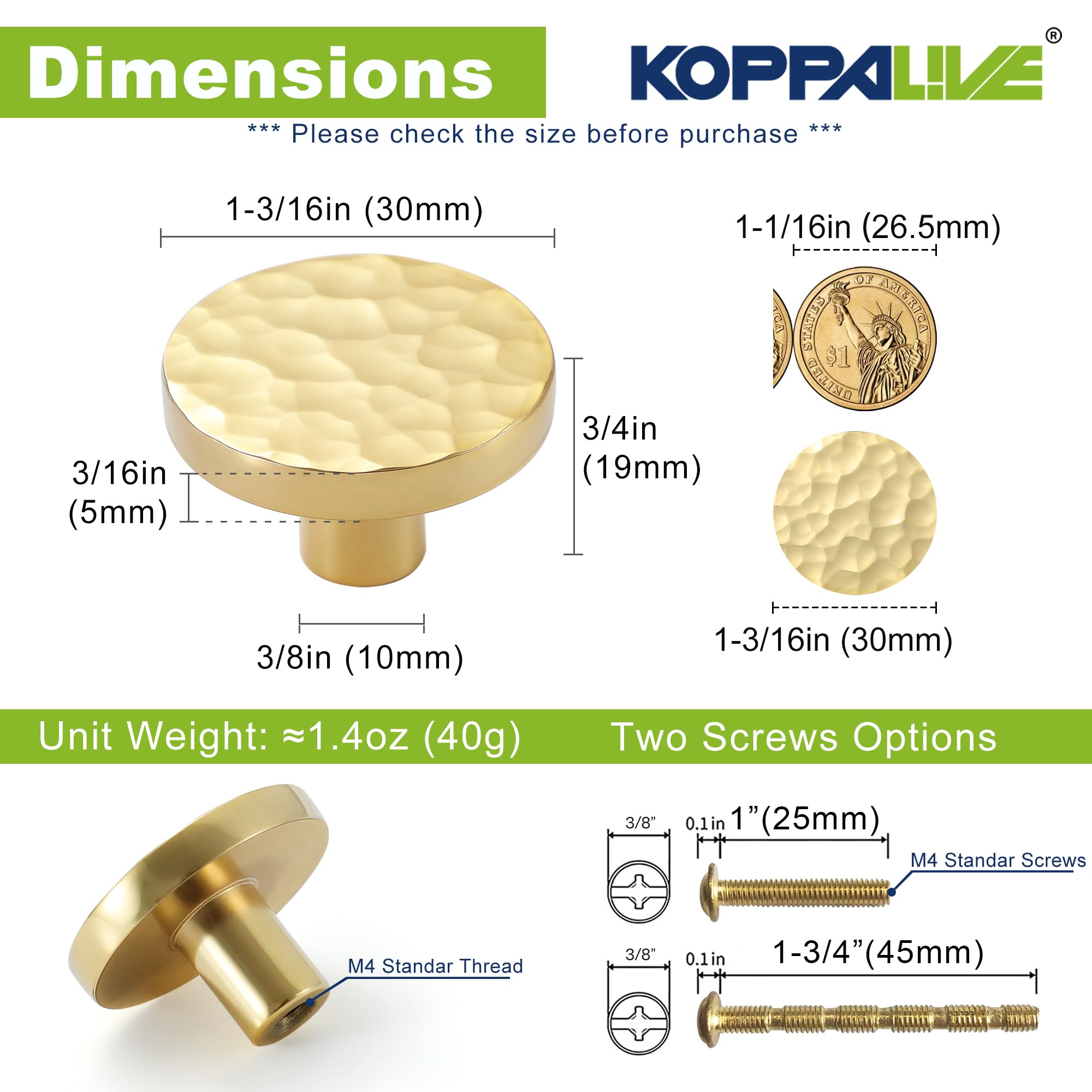 KOPPALIVE 10-Pack Modern Gold Cabinet Knobs, Hammered Solid Brass Drawer Knobs, Round Dresser Drawer Pulls and Handles, Kitchen Cabinet Hardware, Diameter 1-3/16 Inch