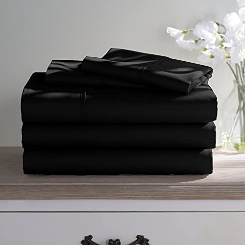 Split Queen Sheets Sets for Adjustable Bed, Soft 100% Egyptian Cotton 400-Thread-Count, Sateen Weave, 5PC Set with 2 Fitted Sheets, Split-Queen Sheet Set 15-Inch Deep Pockets, 400-TC - Black Solid