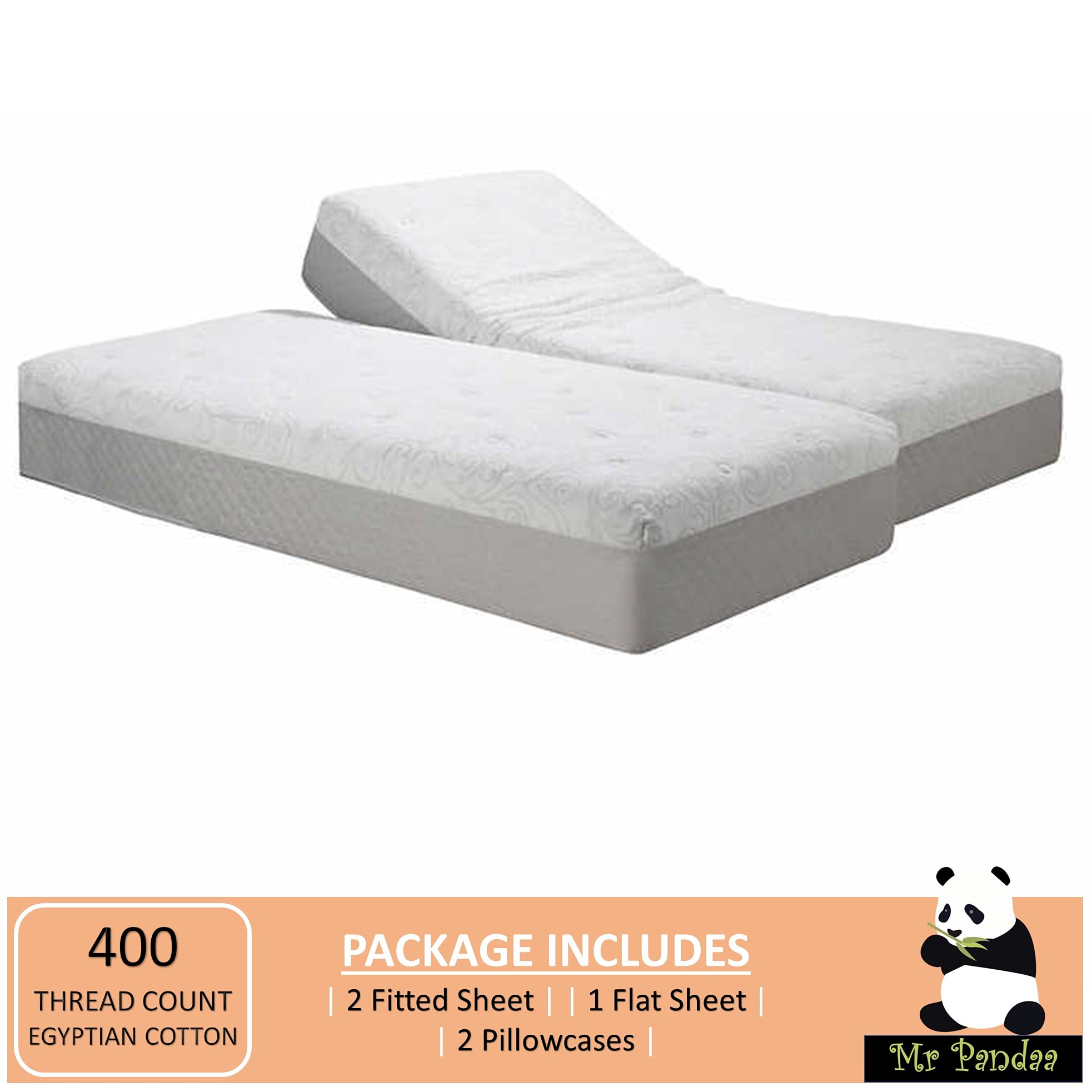 Split Queen Sheets Sets for Adjustable Bed, Soft 100% Egyptian Cotton 400-Thread-Count, Sateen Weave, 5PC Set with 2 Fitted Sheets, Split-Queen Sheet Set 15-Inch Deep Pockets, 400-TC - Black Solid