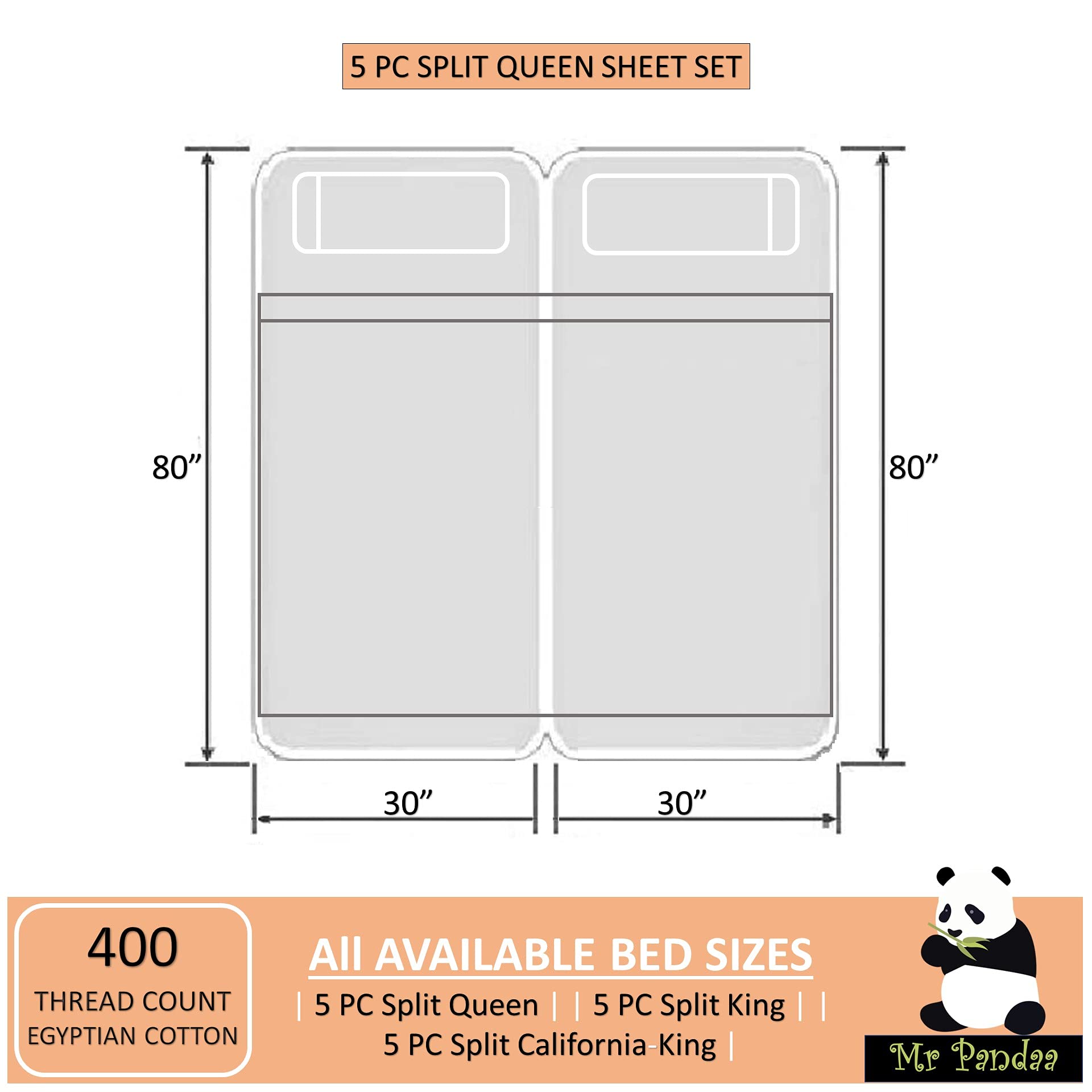 Split Queen Sheets Sets for Adjustable Bed, Soft 100% Egyptian Cotton 400-Thread-Count, Sateen Weave, 5PC Set with 2 Fitted Sheets, Split-Queen Sheet Set 15-Inch Deep Pockets, 400-TC - Black Solid