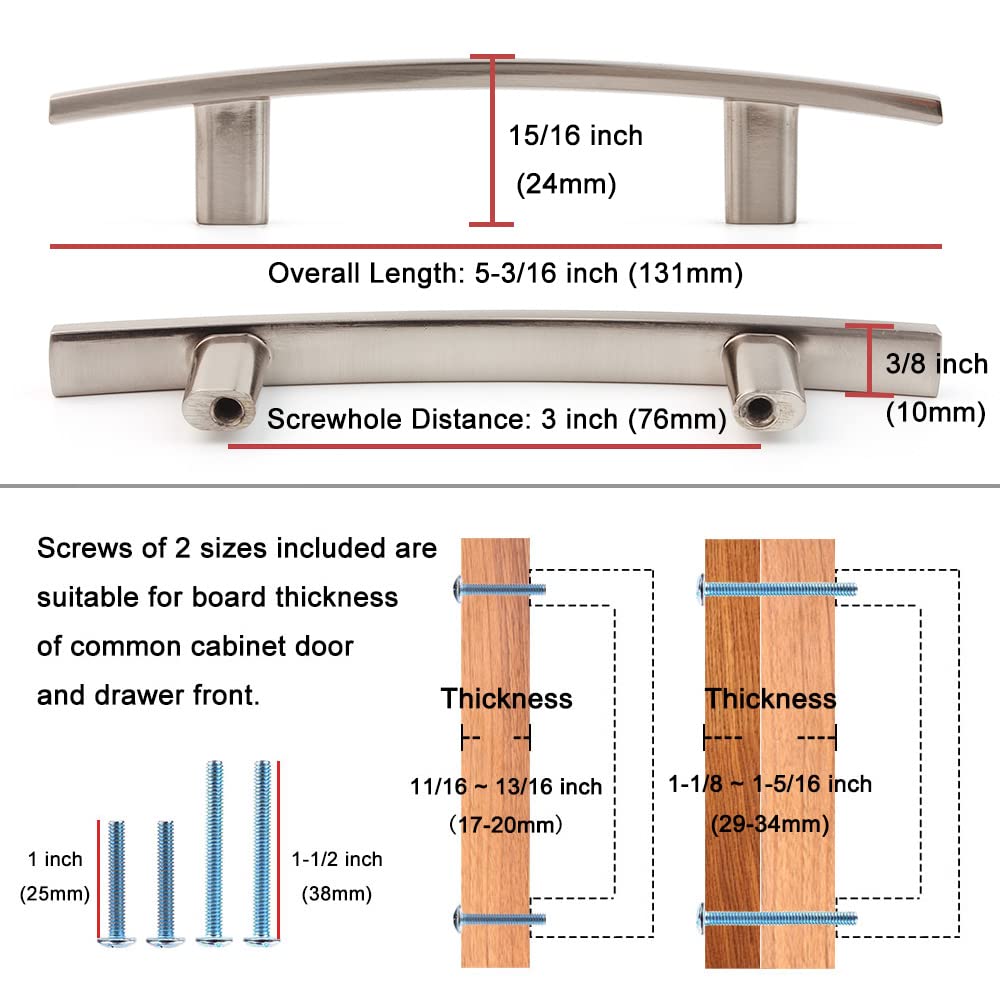 KOOFIZO Solid Curved Bar Cabinet Pull - Black Furniture Arch Handle, 3 Inch/76mm Screw Hole Center, 10-Pack for Kitchen Cupboard Door, Bedroom Dresser Drawer, Bathroom Wardrobe Hardware