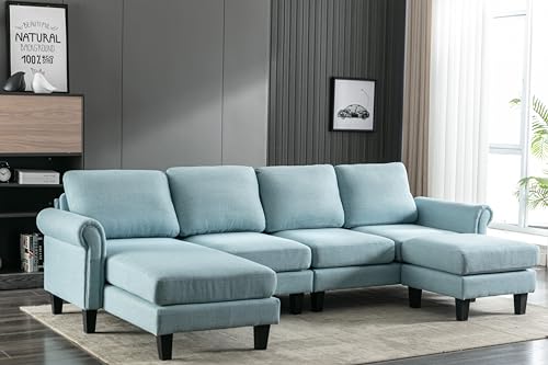 N NOORDENIYA Reversible Modular Sectional Couch with Ottomans- 6 Seat Sofa Couch for Living Room, Convertible U Shaped Couch with Chaise for Living Room, Oversize Sofa Light Blue