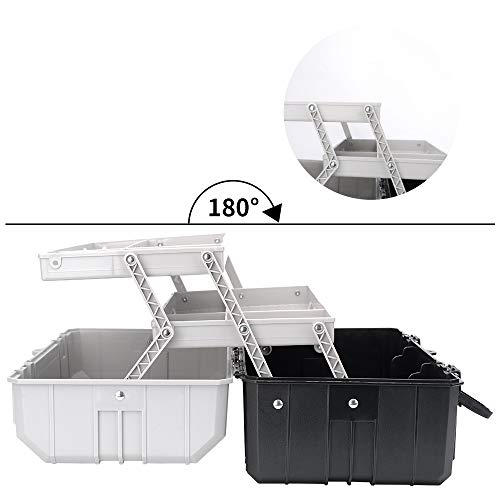 17-Inch Plastic Storage Toolbox, GANCHUN 3-Layer Portable Tool Box, Hobby or Craft Storage Toolbox, Multiplication Tool Organizer for Home Tools, Nails and Pins, Black-Grey