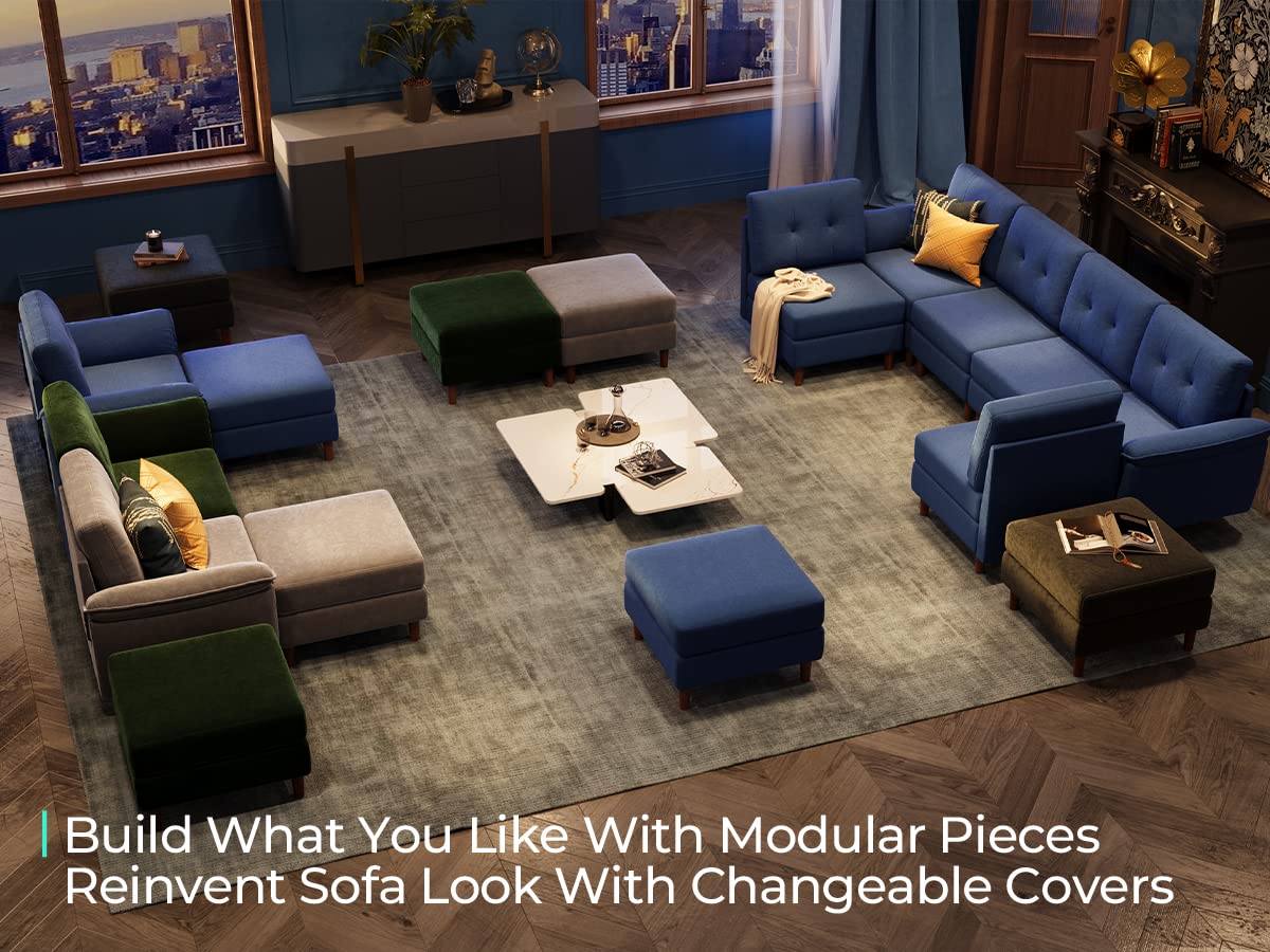 LINSY HOME Modular Sectional Sofa, Velvet Sectional Sofa Couch with Memory Foam, U Shape 6 Seat Modular Sectionals with Ottomans, Sleeper Sofa Couches with Chaise for Living Room, Blue