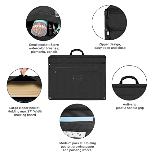 MEGREZ Art Portfolio Bag with Shoulder Strap, Portable Multi-purpose Art Portfolio Tote, 21" x 27" Waterproof Nylon Drawing Board Storage Bag, Sketch Board Bag for Drawing and Painting, Black