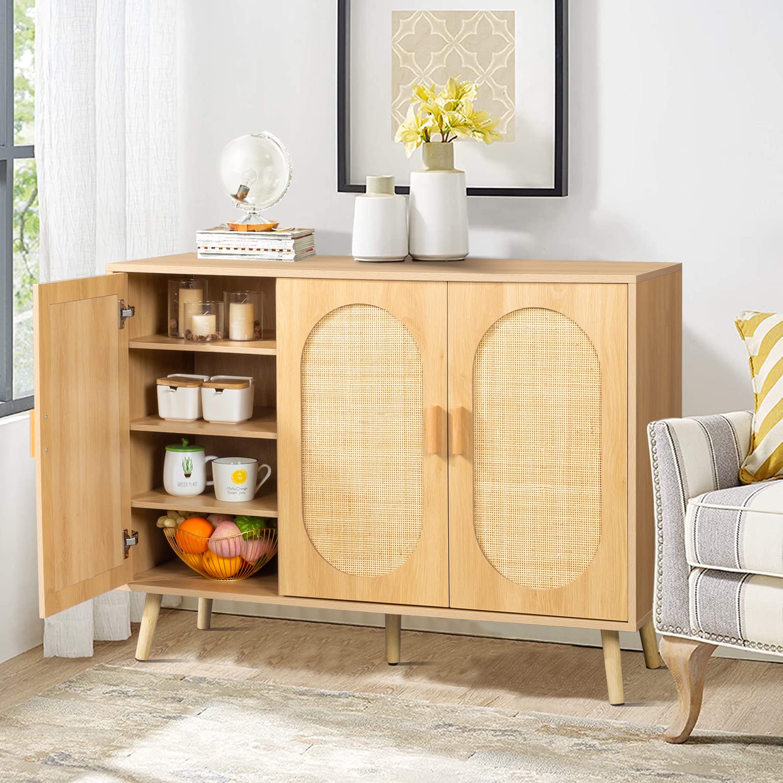 DESIGNSCAPE3D Modern Rattan Shoe Storage Cabinet with Adjustable Shelves - Stylish Furniture and Decor for Living Room, Bedroom, and Hallway