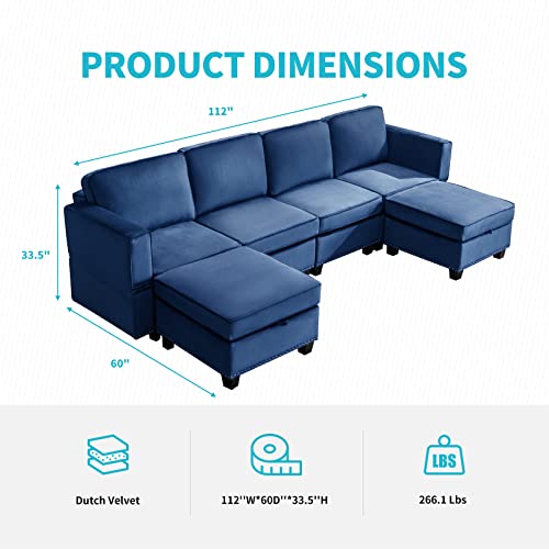 CECER Modular Sectional Sofa Couch,4 Seater Free Combination Sofa Couch with 2 Movable Storage Ottomans, Convertible Sofa Couch with Adjustable Armrest and Backrest for Living Room(Dark Blue)