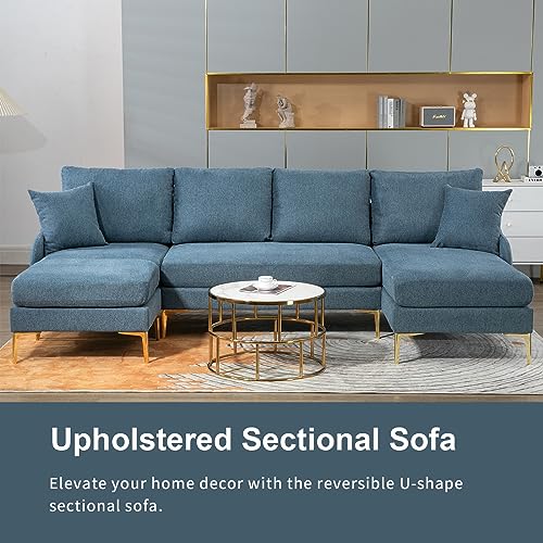 Sudwesto Reversible Sectional Sofa, U-Shape Convertible Sofa Couch, 4-Seat Upholstered Couch with Chaise, Furniture Sets Sectional Couch with Ottoman for Living Room, Apartment, Office (Blue)
